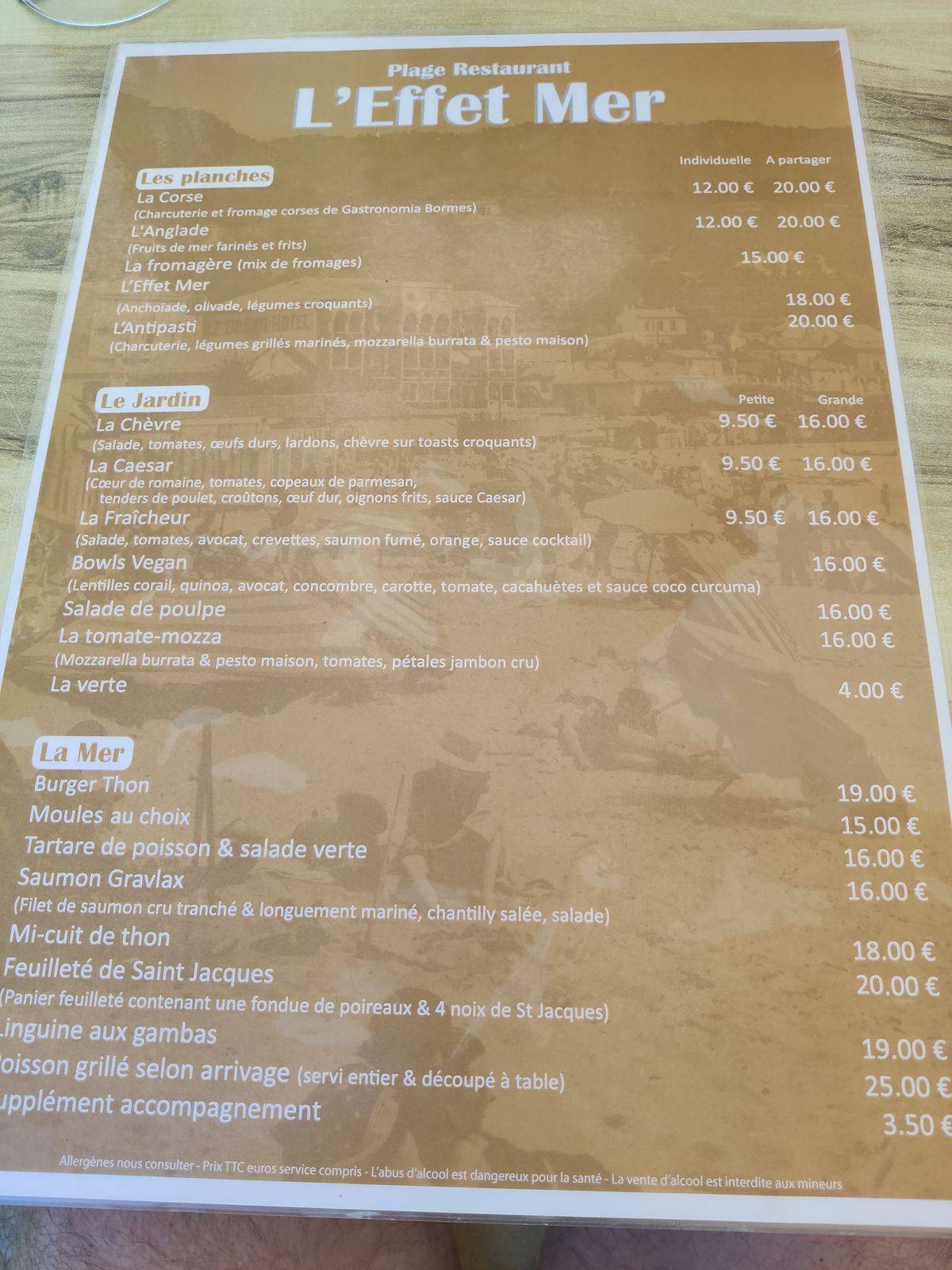 Menu au Plage restaurant L'Effet Mer Le Lavandou, Le Lavandou