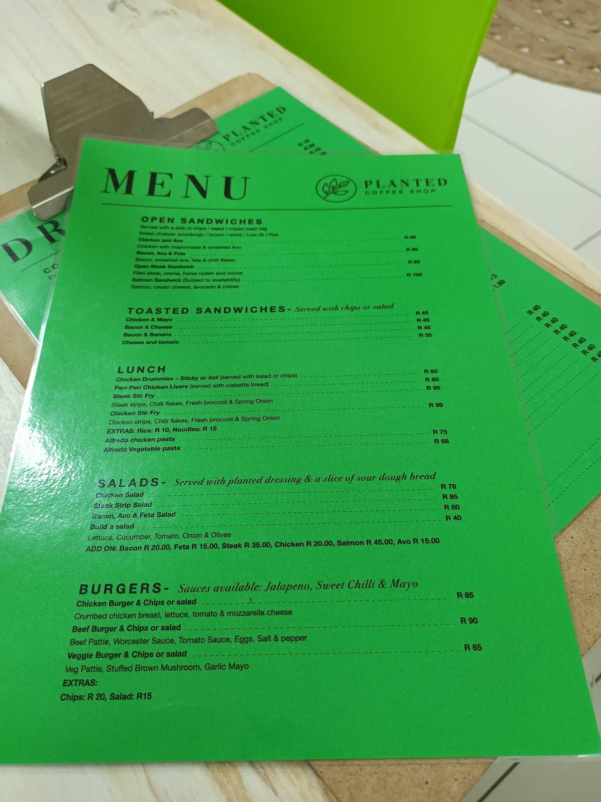 Menu at Planted Coffee Shop, Pietermaritzburg