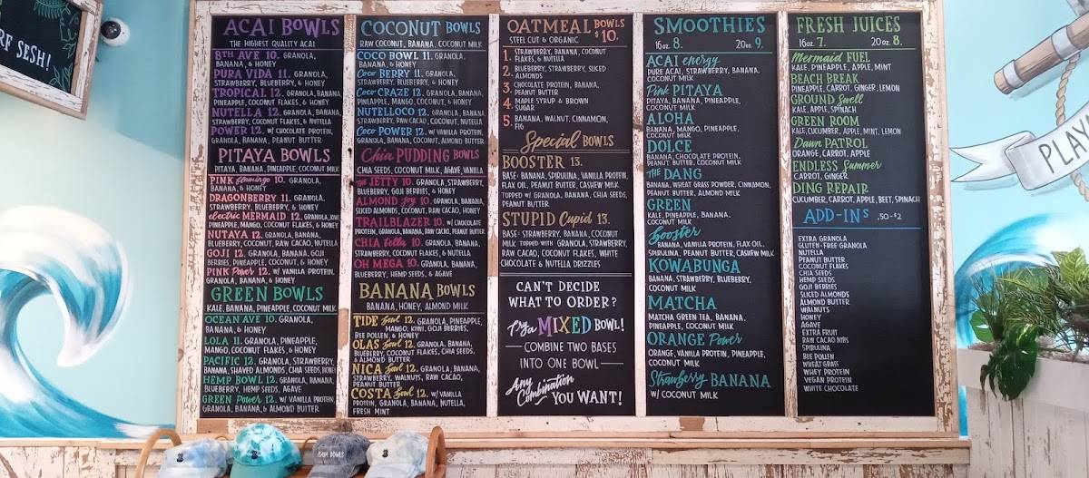 Menu at Playa Bowls pub & bar, Elizabeth