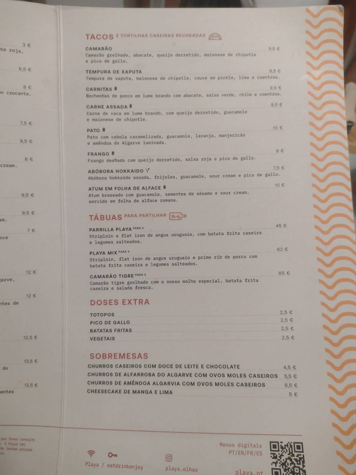 Menu at Playa Restaurante & Bar, Olhão