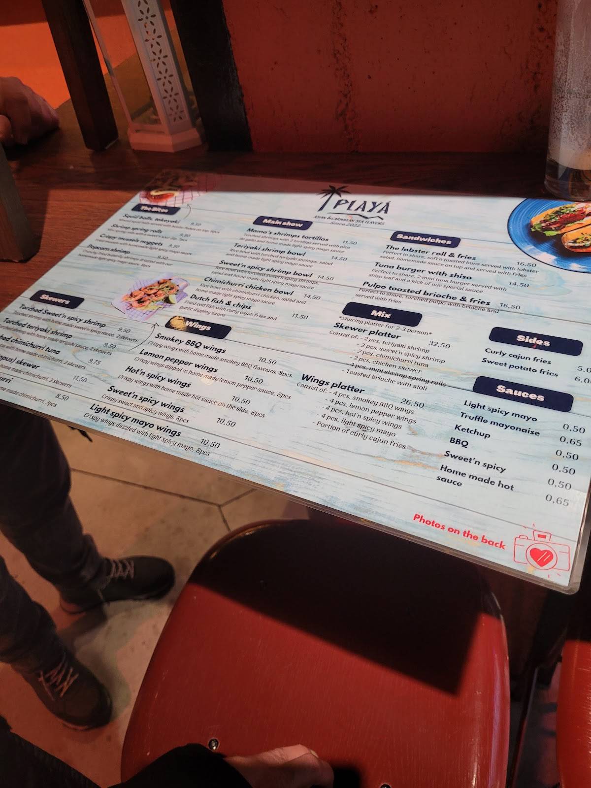 Menu at Playa Rotterdam, Rotterdam