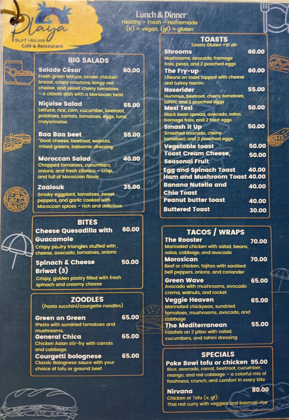 Speisekarte von Playa Surf House Restaurant Cafe, Tamraght