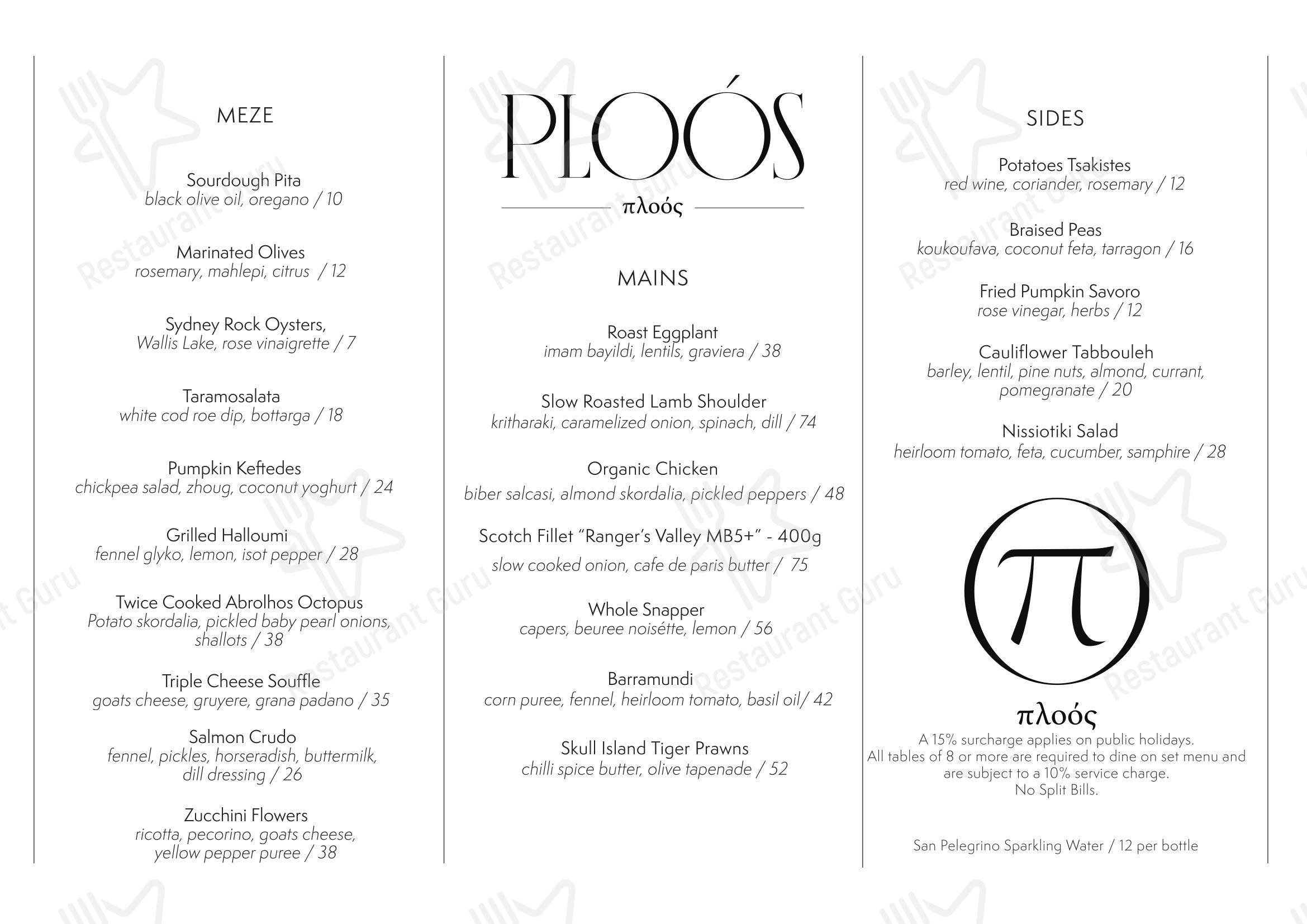 Menu at Ploós restaurant, The Rocks