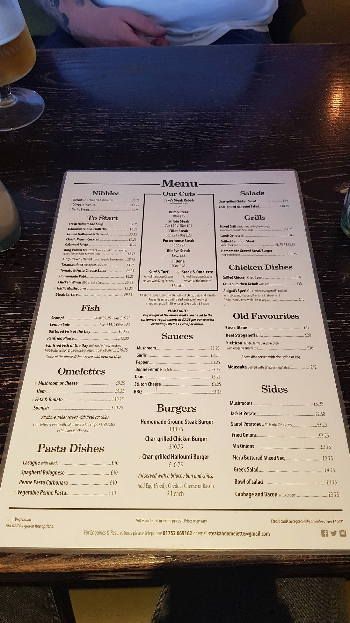 Menu at Steak & Omelette restaurant, Plymouth