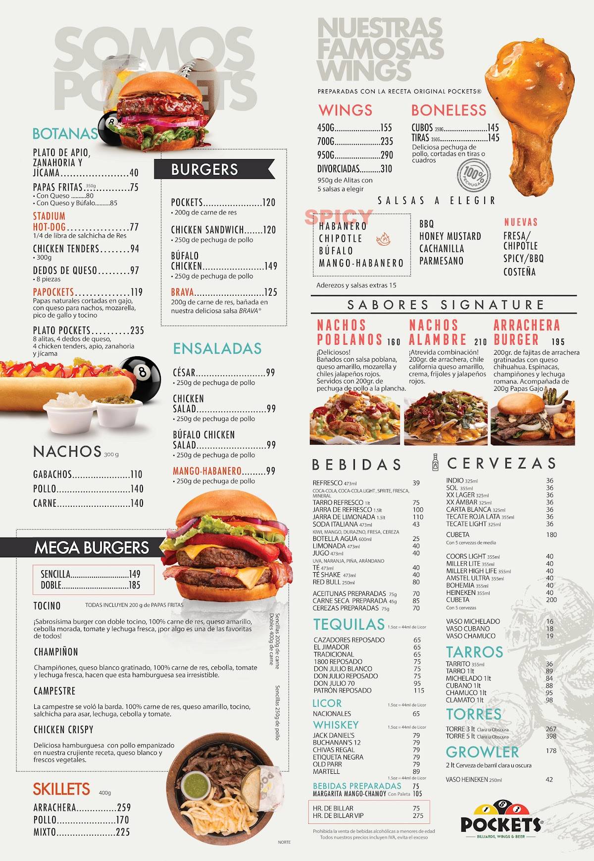 Menu at Pockets pub & bar, Ciudad Juarez, C. Perimetral Carlos Amaya 1