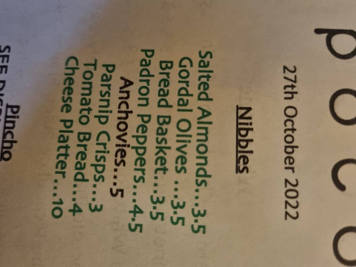 Menu at Poco restaurant, Chester