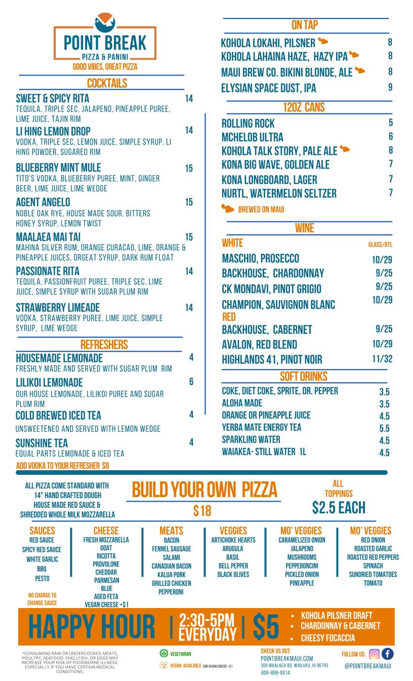 Menu at Point Break Pizza & Panini pizzeria, Maalaea