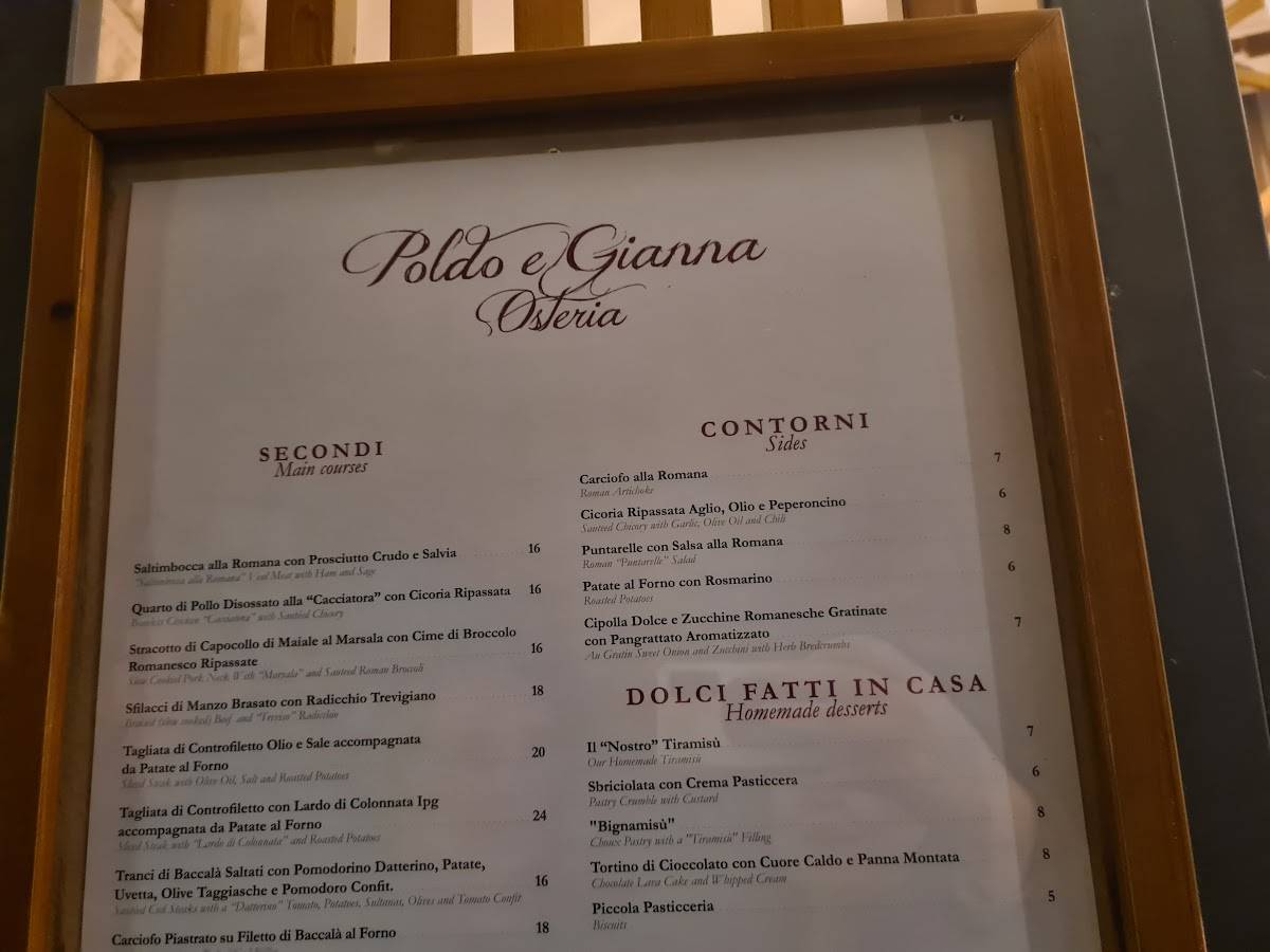 Menu at Poldo e Gianna Osteria restaurant, Rome, Vicolo Rosini