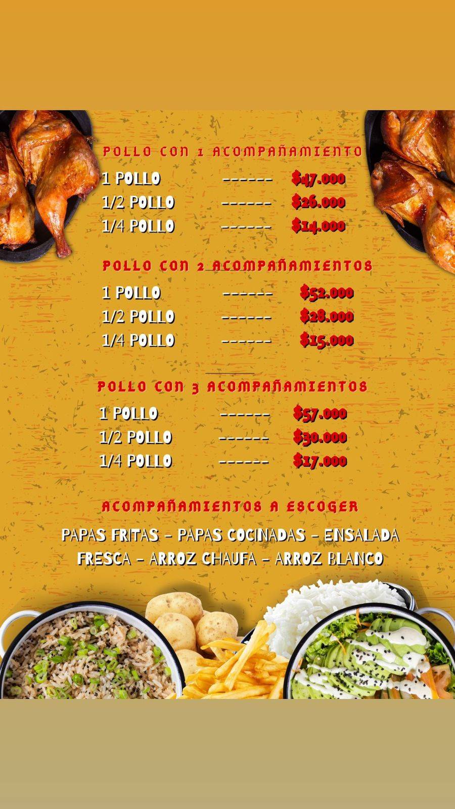 Carta del restaurante Pollo peruano, Pasto