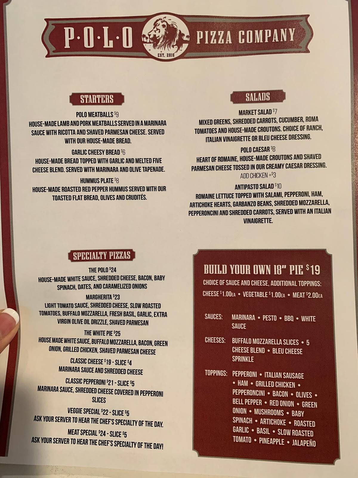Menu at Polo Pizza Company pizzeria, Indio
