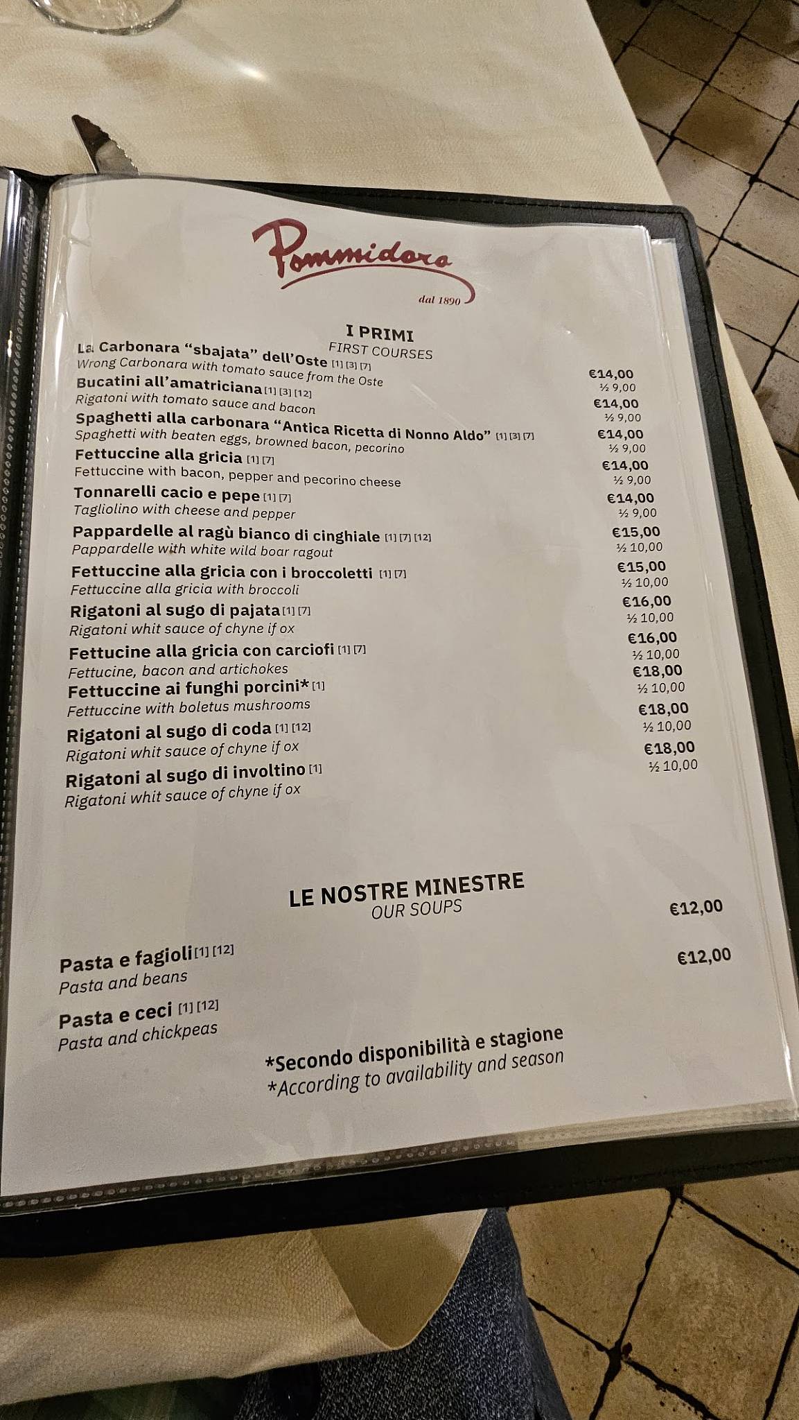 Menu at Pommidoro dal 1890 Ristorante, Rome
