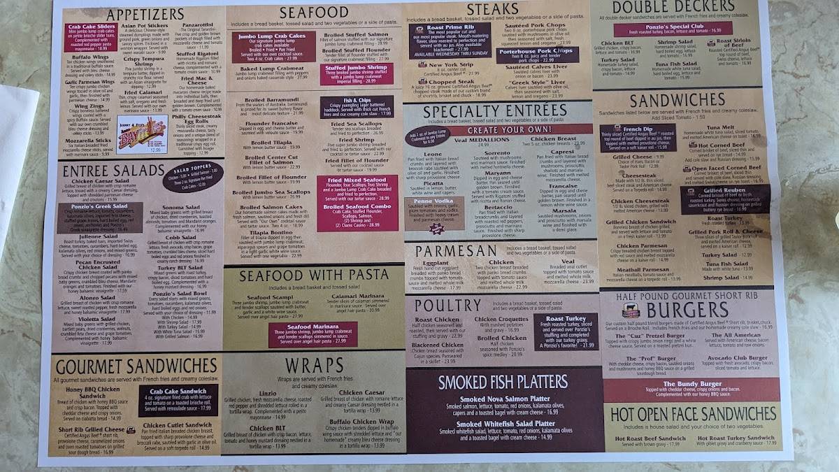 Menu at Ponzio's Diner-Bakery-Bar, Cherry Hill