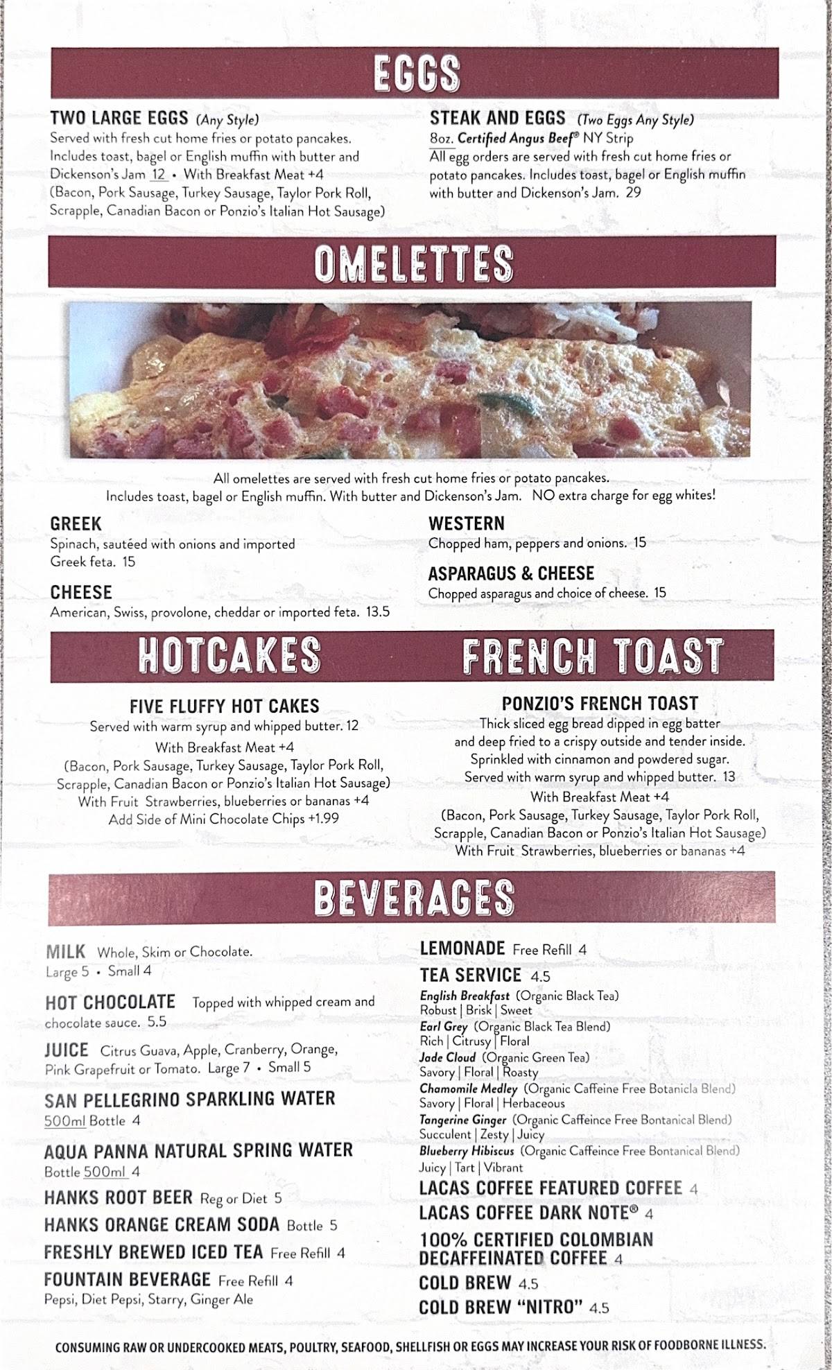 Menu at Ponzio's Diner-Bakery-Bar, Cherry Hill