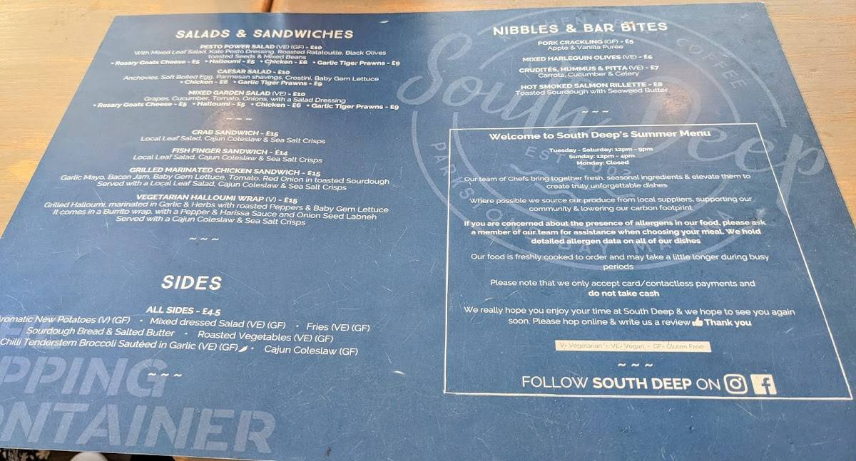 Menu at South Deep cafe, Poole, Turks Ln