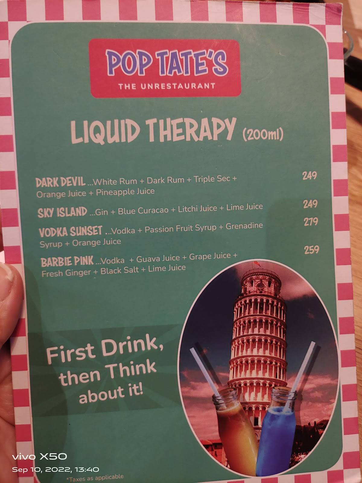 Menu at Pop Tate's Xperia Mall, Nilje Gaon