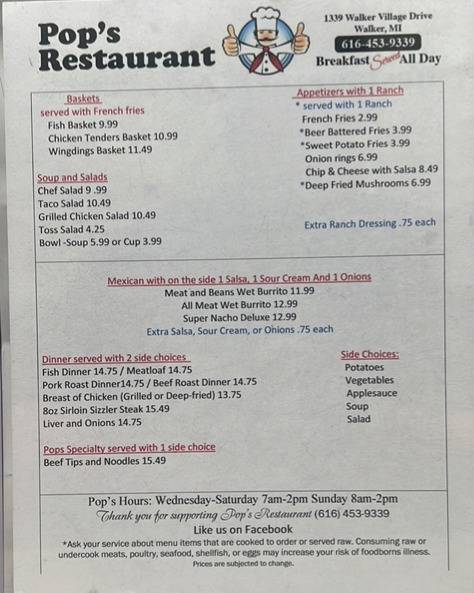 Menu at Pop's Restaurant, Grand Rapids
