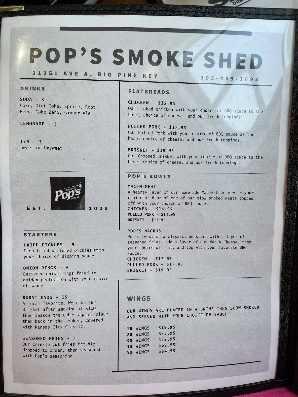 Menu at Pop's Smoke Shed - Big Pine Key BBQ, Big Pine Key