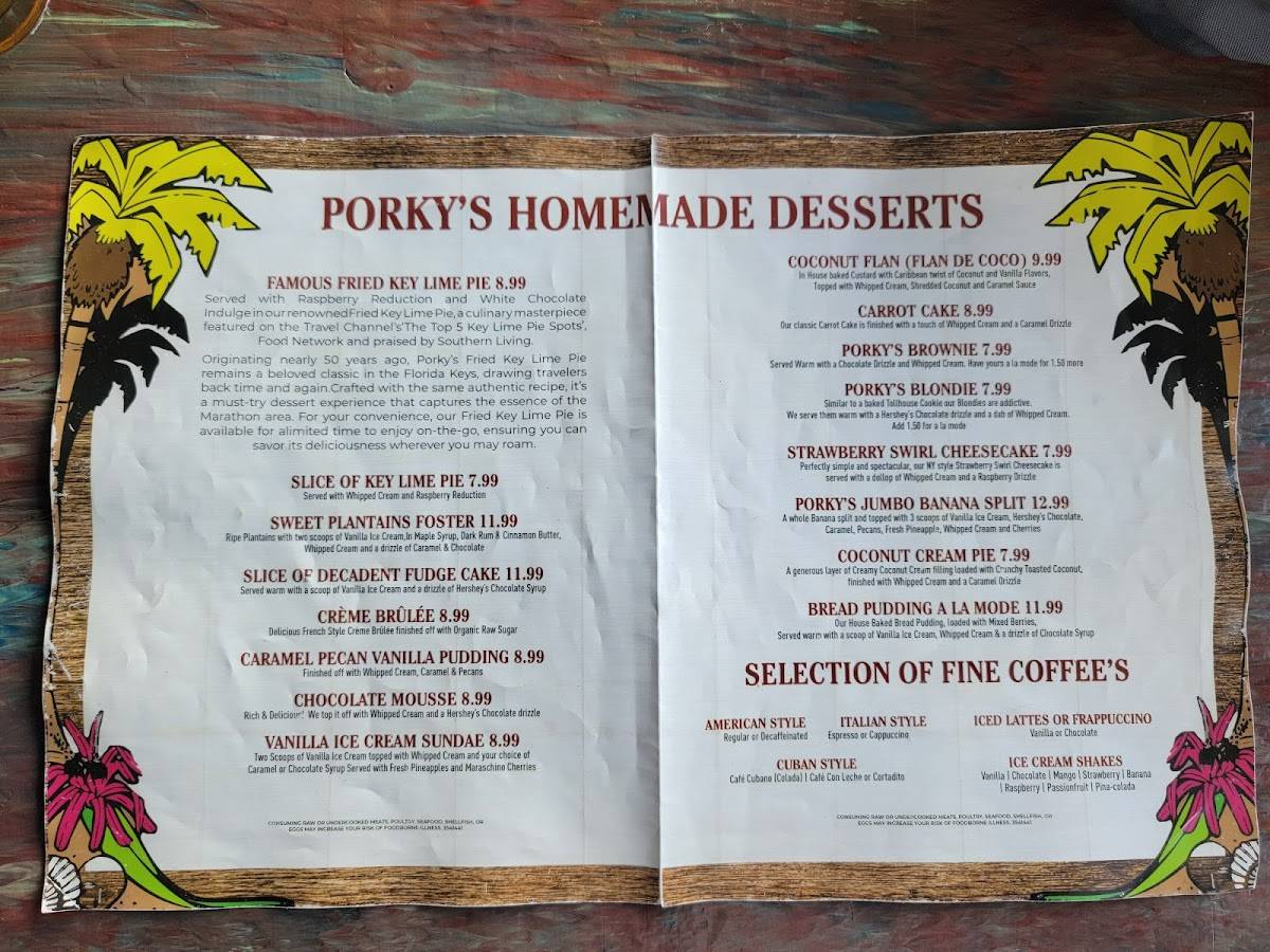 Menu at Porky's Bayside Restaurant and Marina, Marathon, Overseas Hwy ...