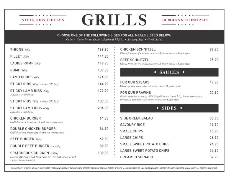 Menu at San Fernando's Grillhouse & Woodfired Pizzeria, Port Elizabeth