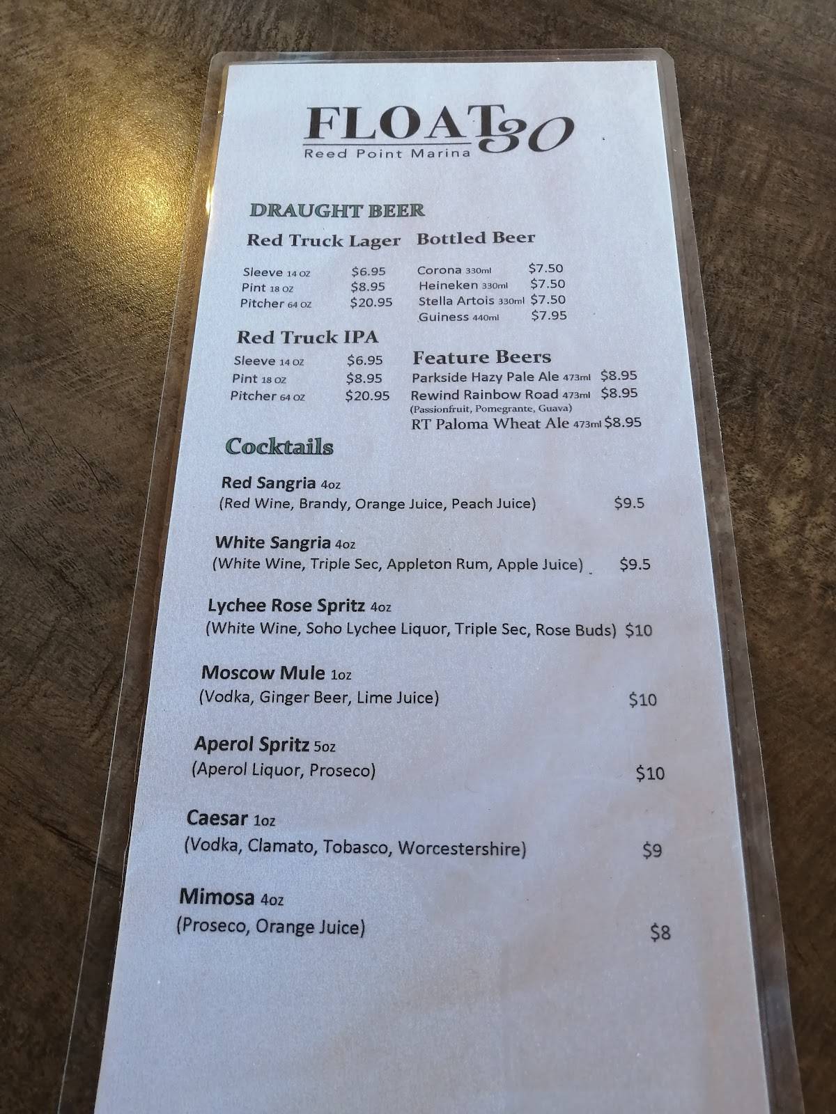Menu at Float 30 restaurant, Port Moody