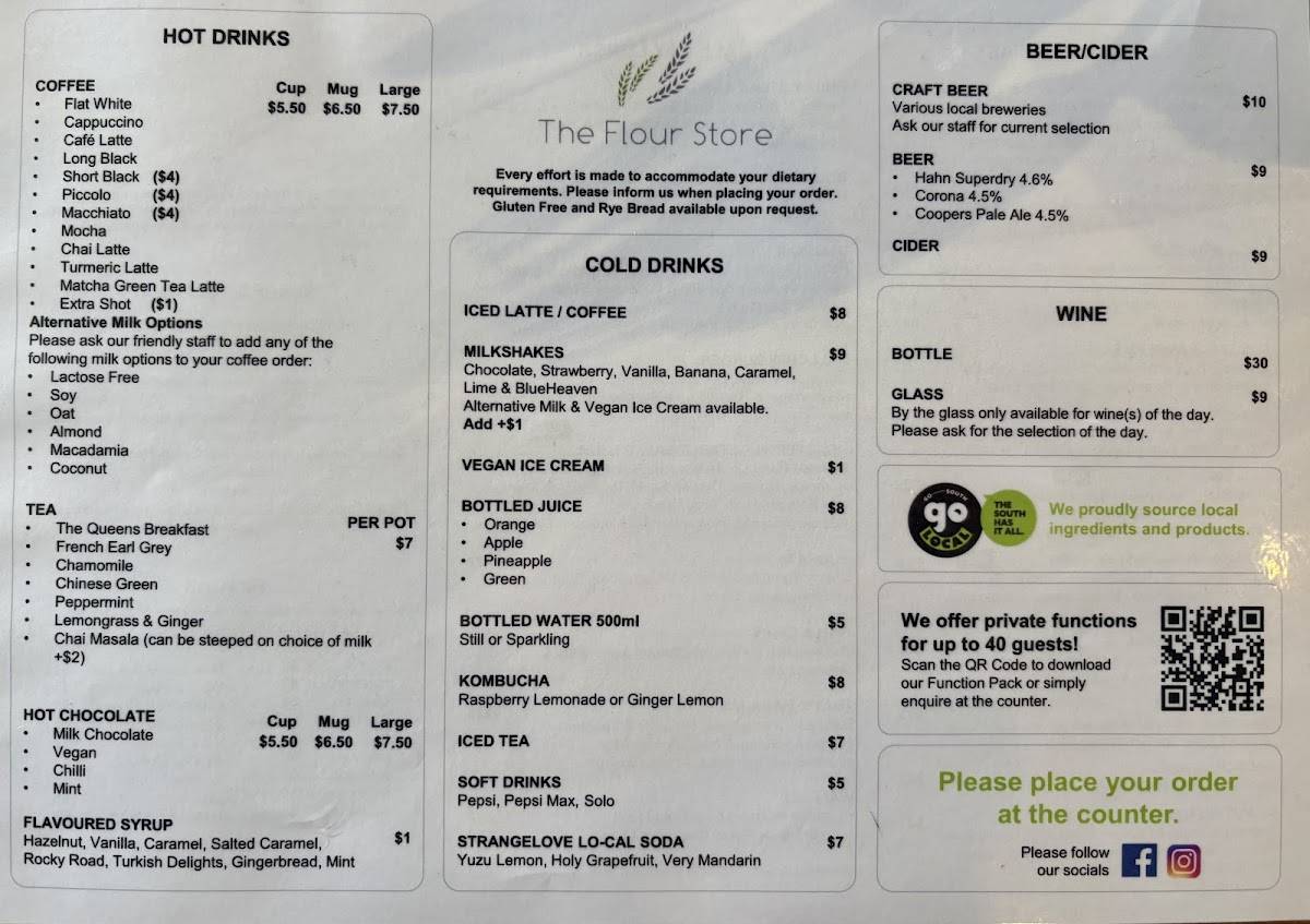 Menu at The Flour Store cafe, Port Noarlunga