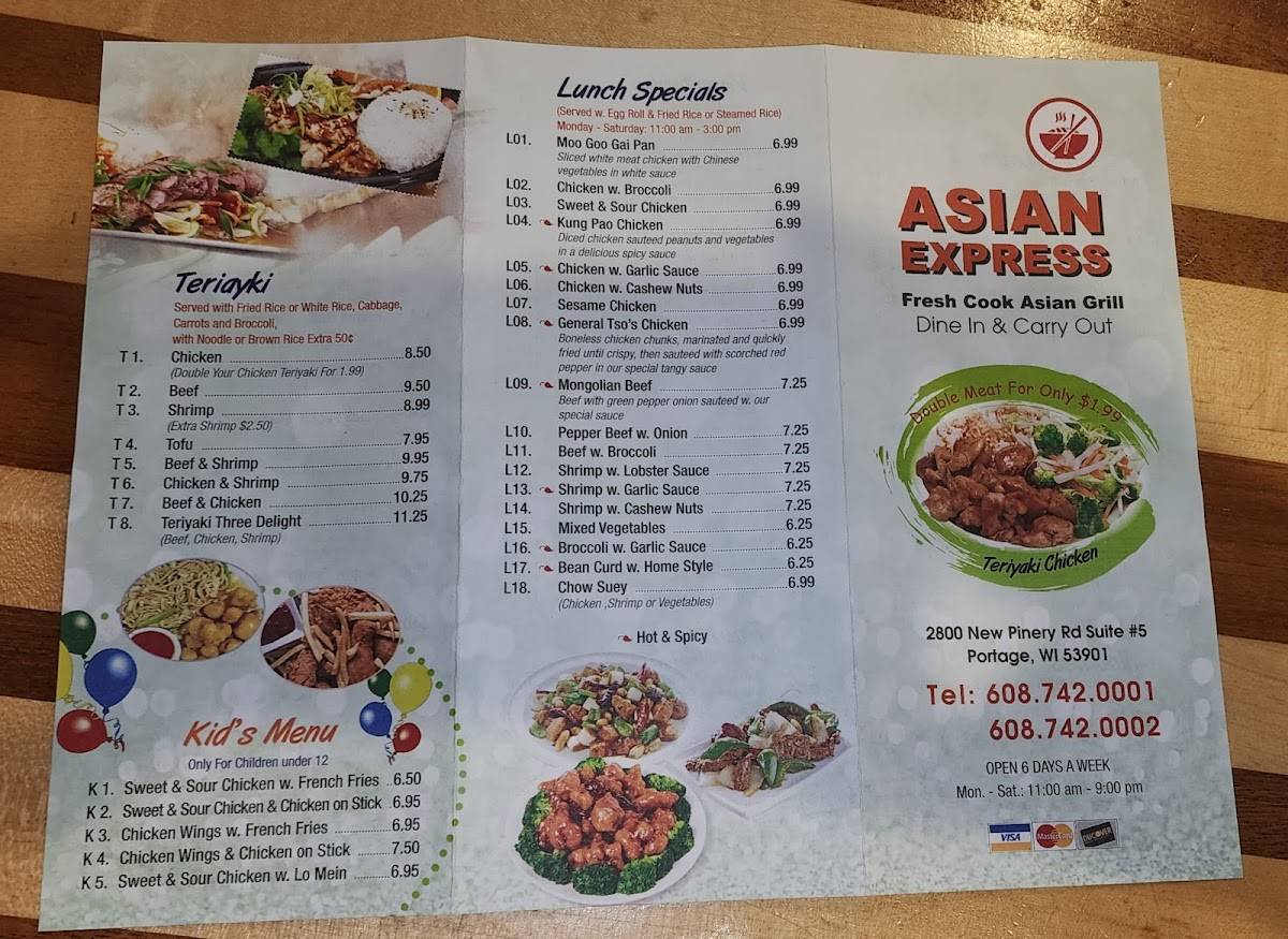 Menu at Asian Express restaurant, Portage, New Pinery Rd #5