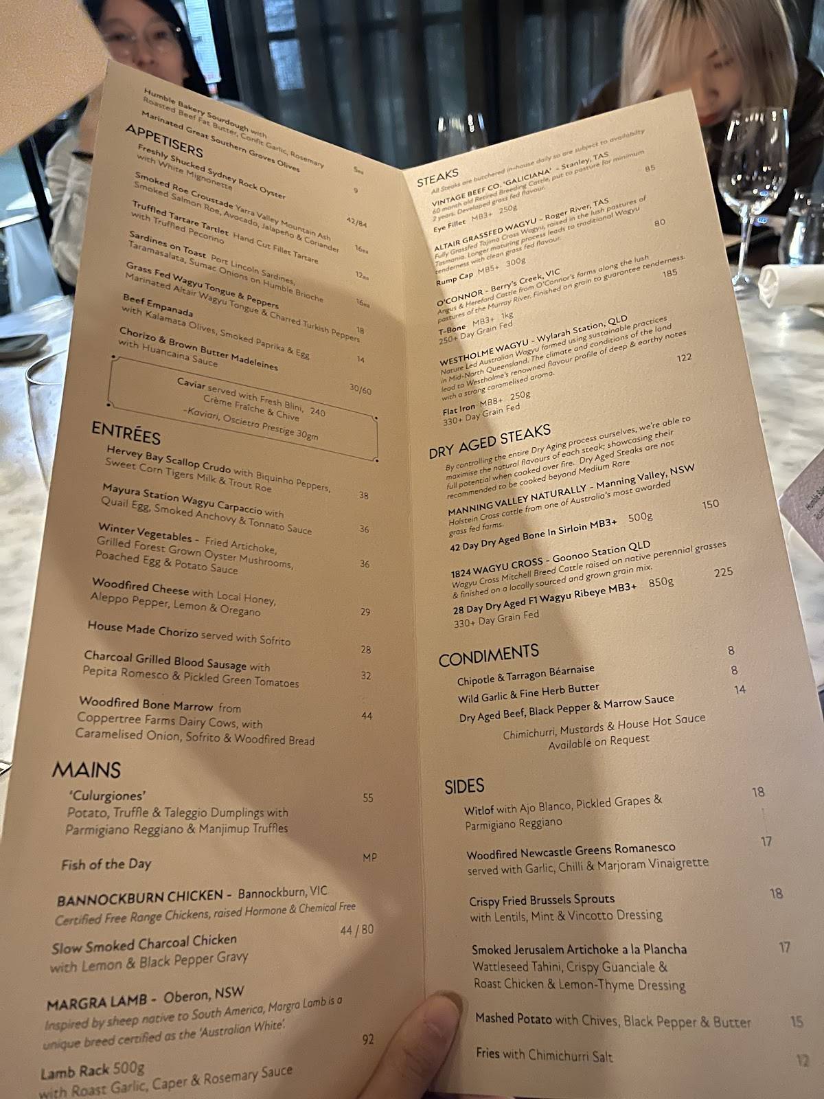 Menu at Porteño steakhouse, Surry Hills, 50 Holt St