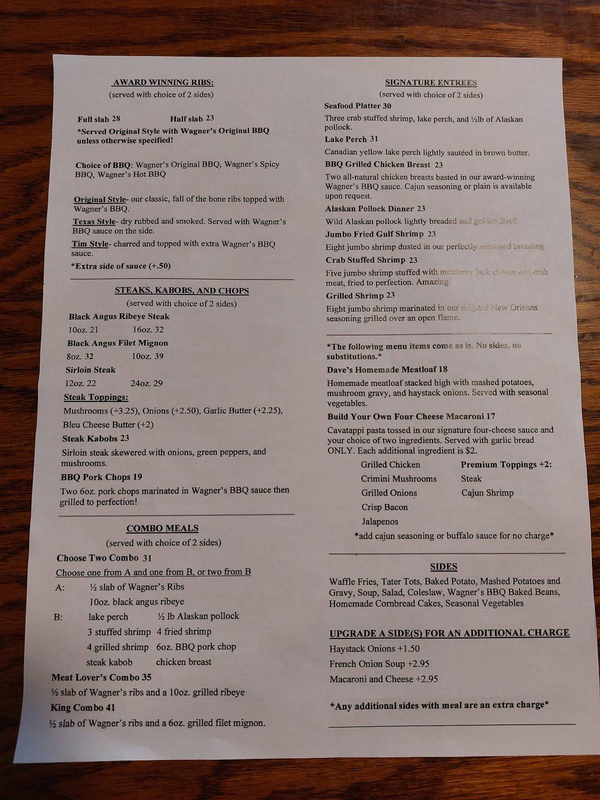 Menu at Wagner's Ribs BBQ, Porter