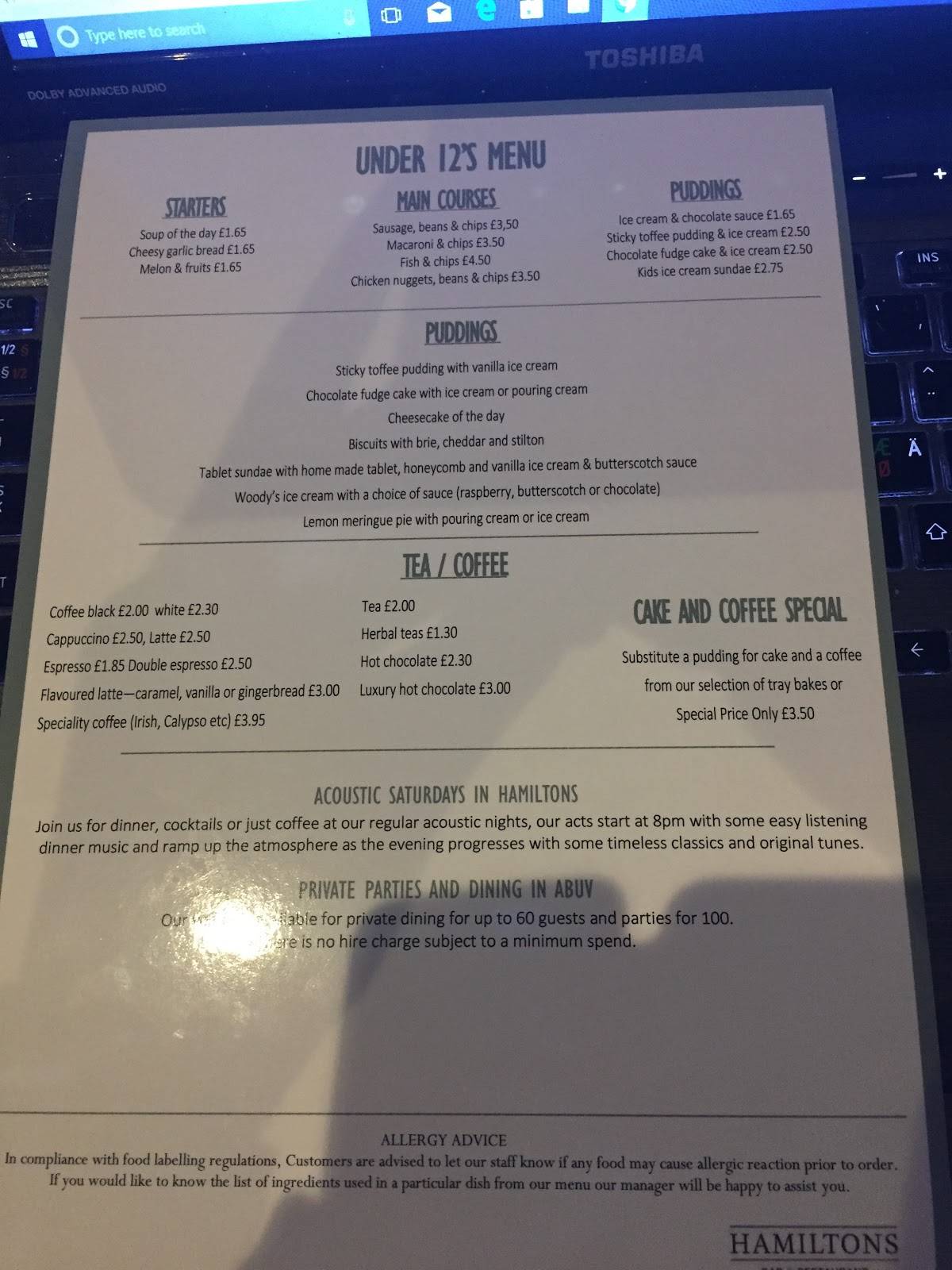 Menu at Porthead Tavern and Hamiltons Restaurant, Irvine