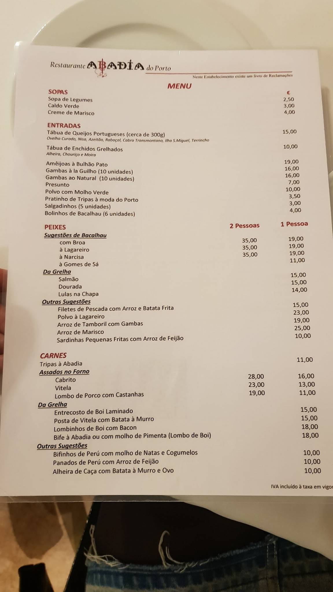 Menu at Abadia do Porto restaurant, Porto