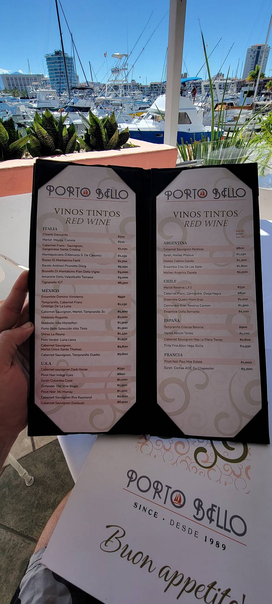 Menu at Porto Bello restaurant, Puerto Vallarta, C. Popa s/n