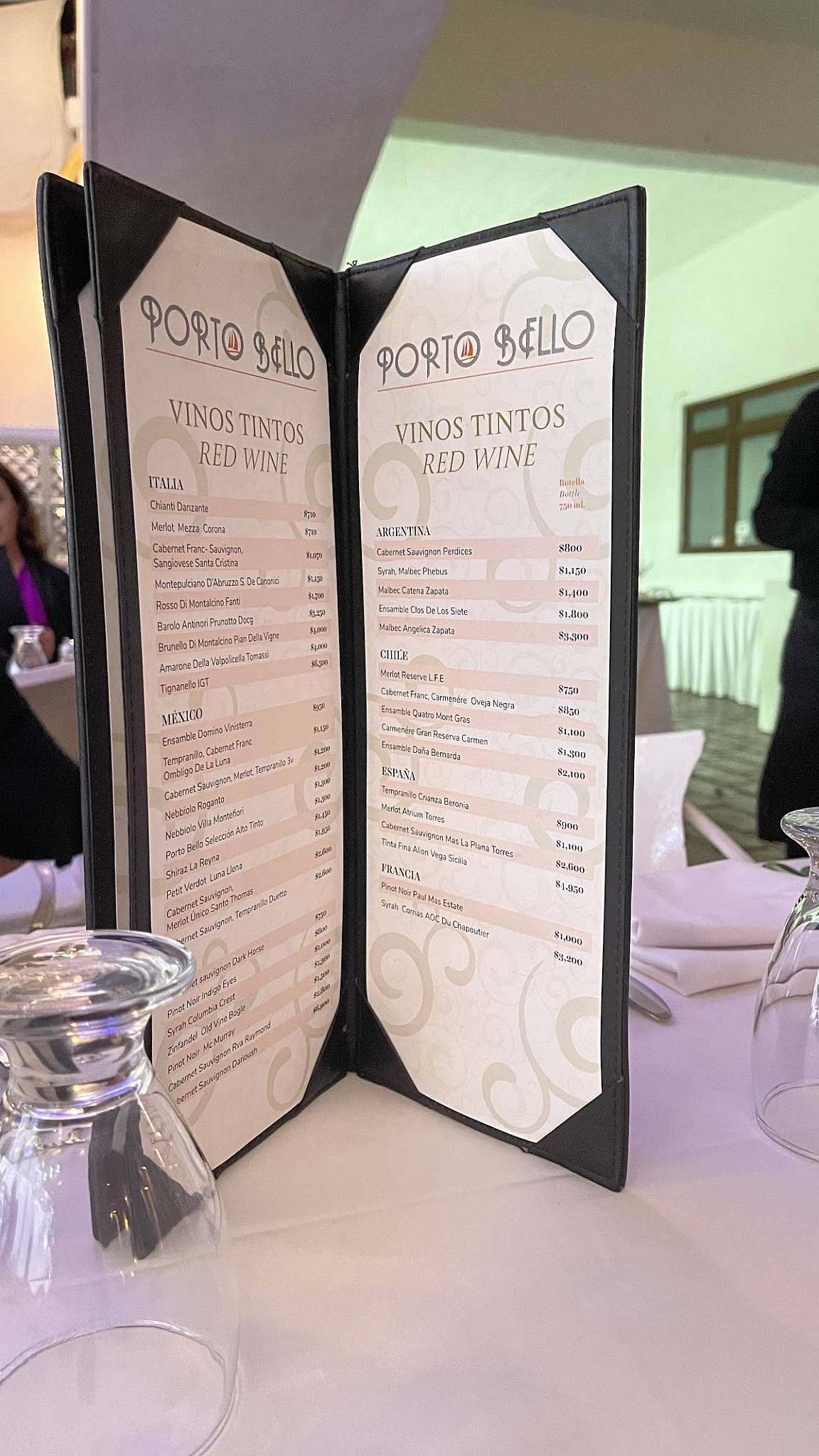 Menu at Porto Bello restaurant, Puerto Vallarta, C. Popa s/n
