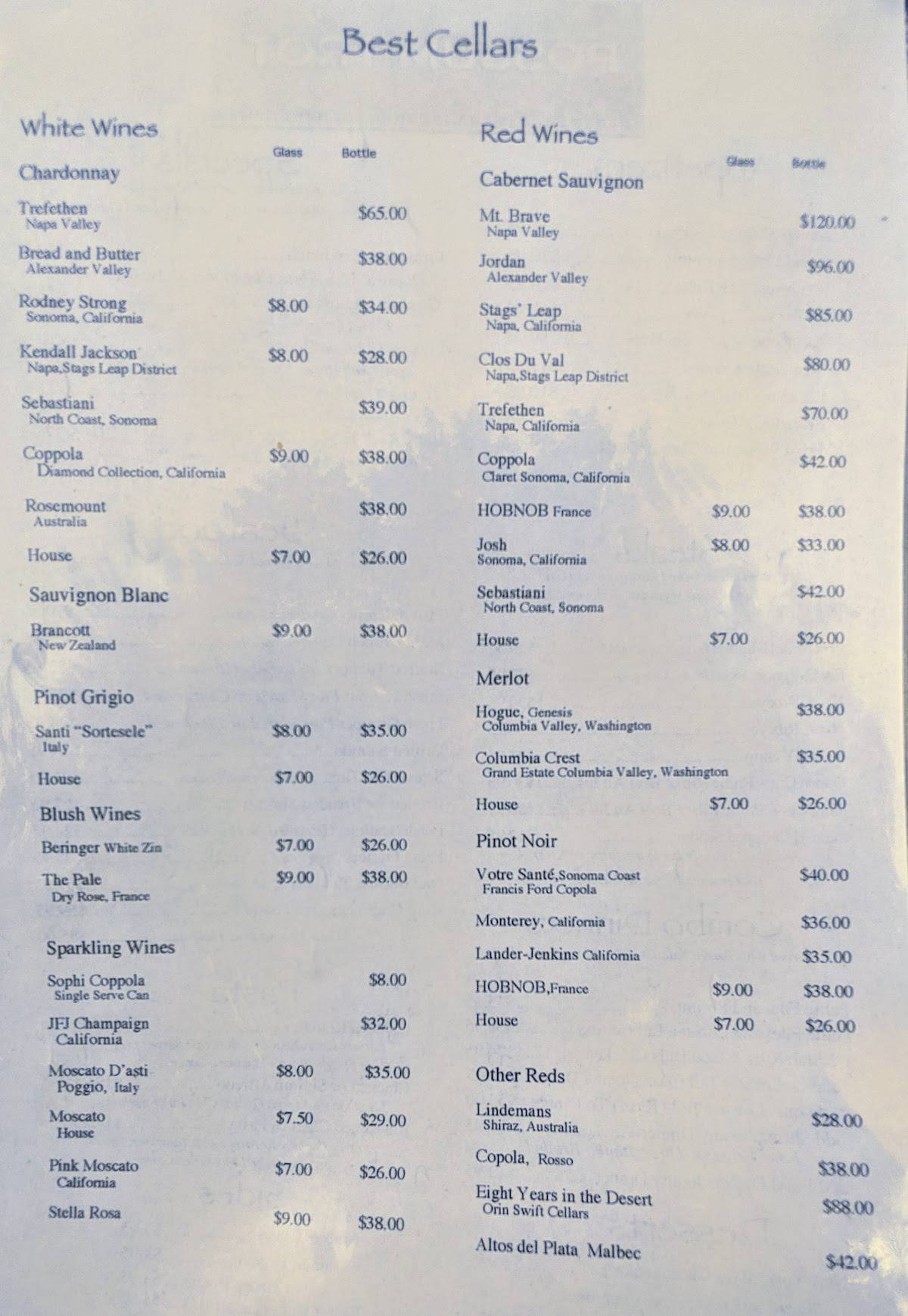 Menu at Possum Trot steakhouse, USA