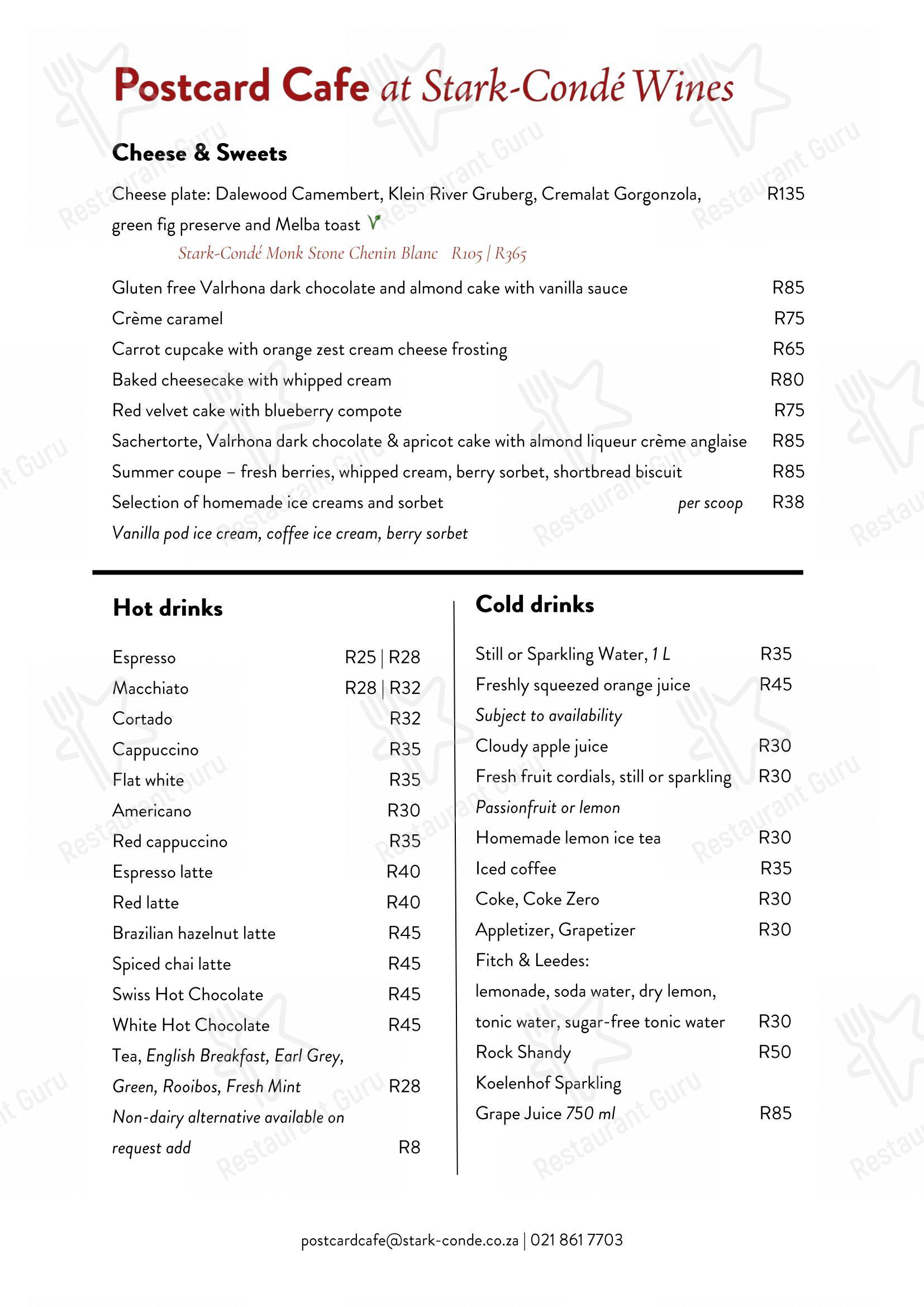 Menu at Postcard Café at Stark-Condé Wines cafe, Stellenbosch
