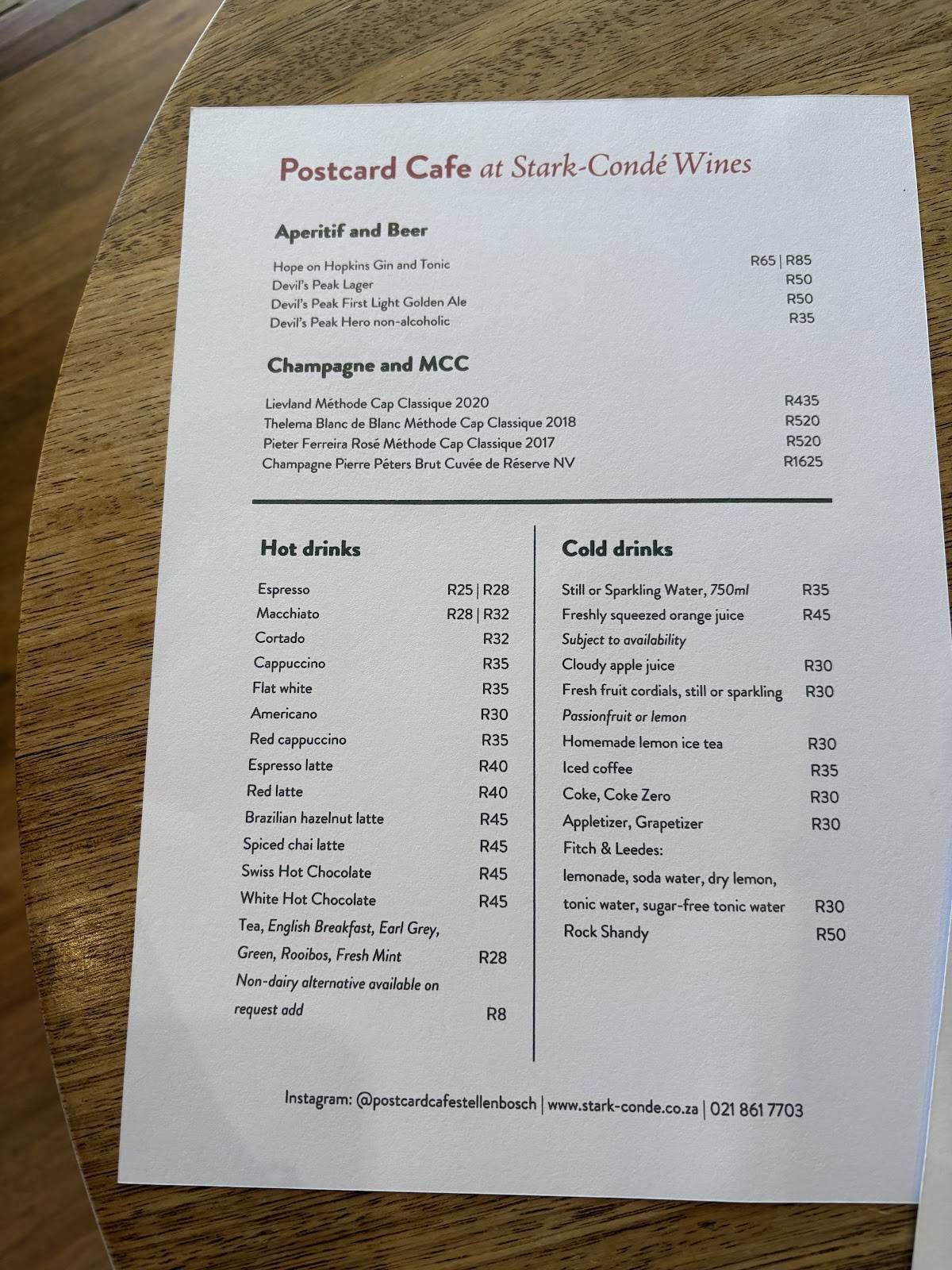 Menu au Postcard Café at Stark-Condé Wines, Stellenbosch