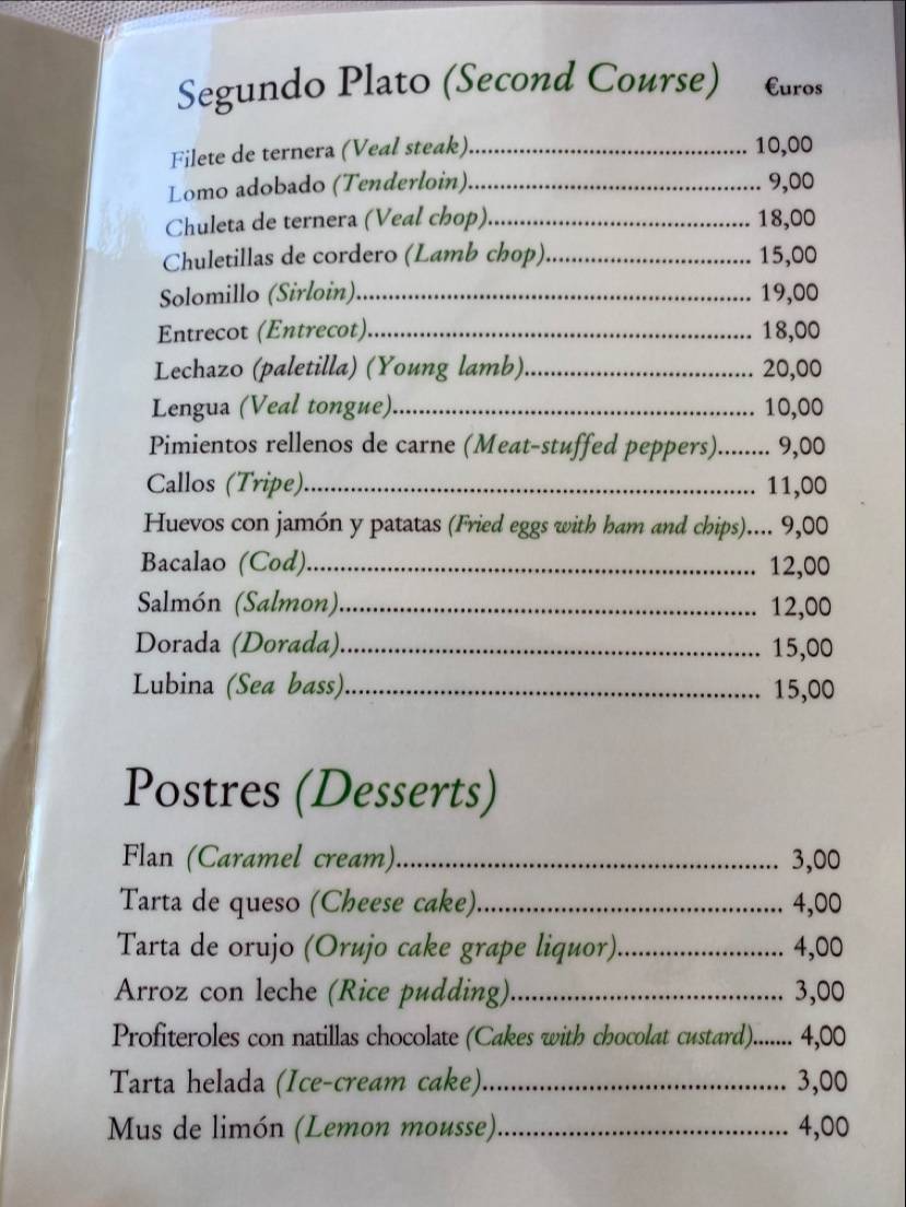 Carta de parrilla El Bodegón, Potes