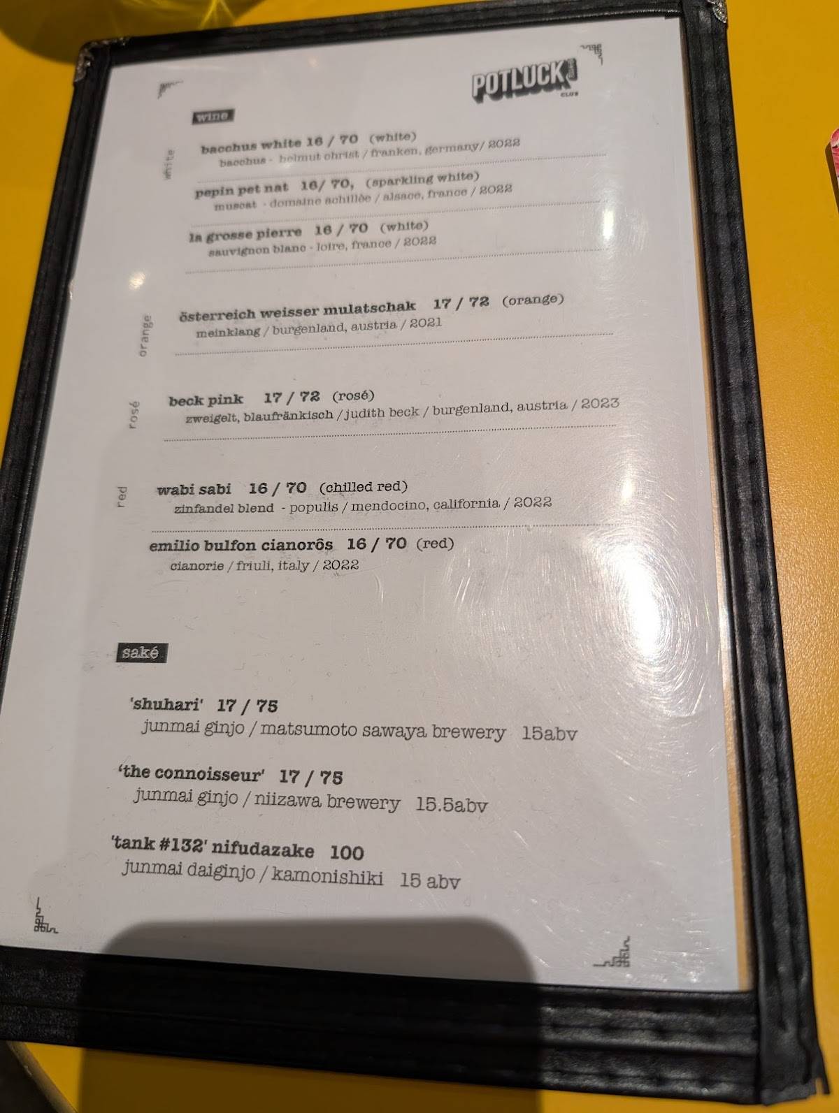Menu at Potluck Club, New York City