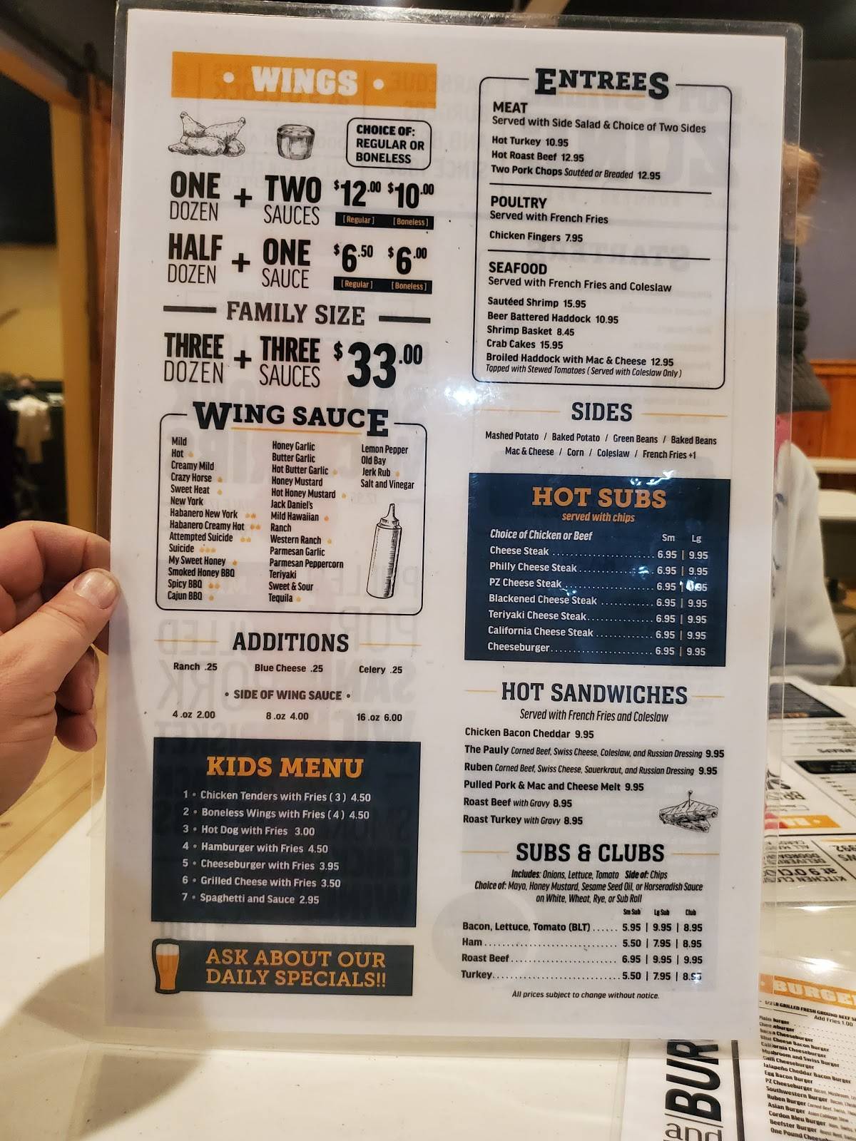 Menu at Pottsville Zone pub & bar, Pottsville