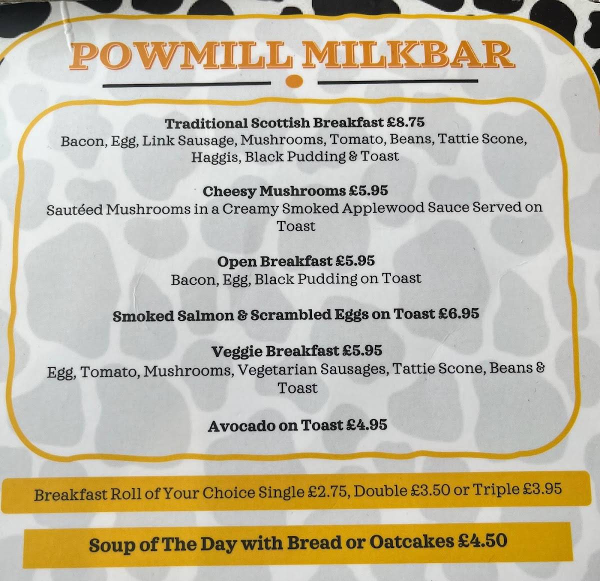 Menu at Powmill Milk Bar LTD, England, Rumbling Bridge