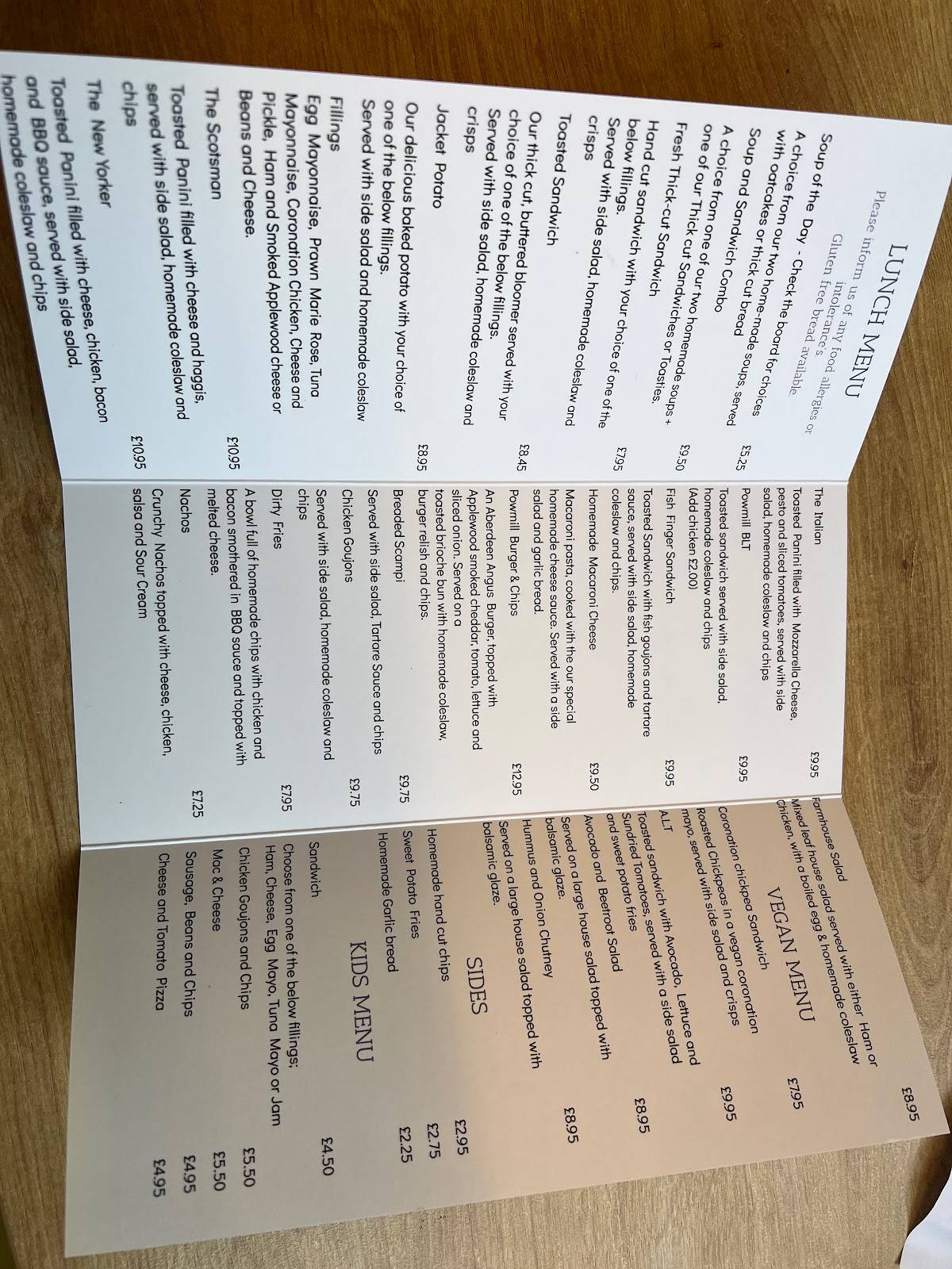 Menu at Powmill Milk Bar LTD, England, Rumbling Bridge