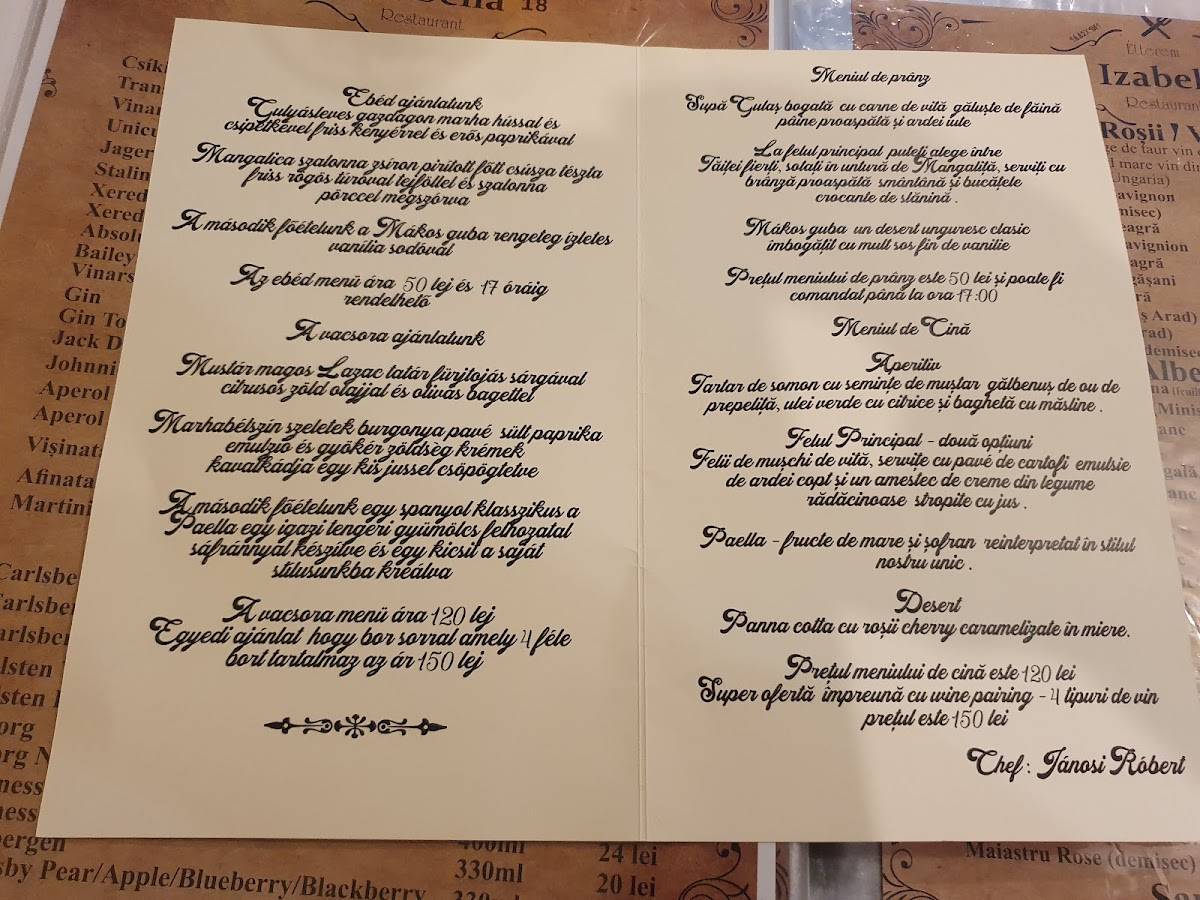 Menu au Restaurant Izabella Étterem, Praid