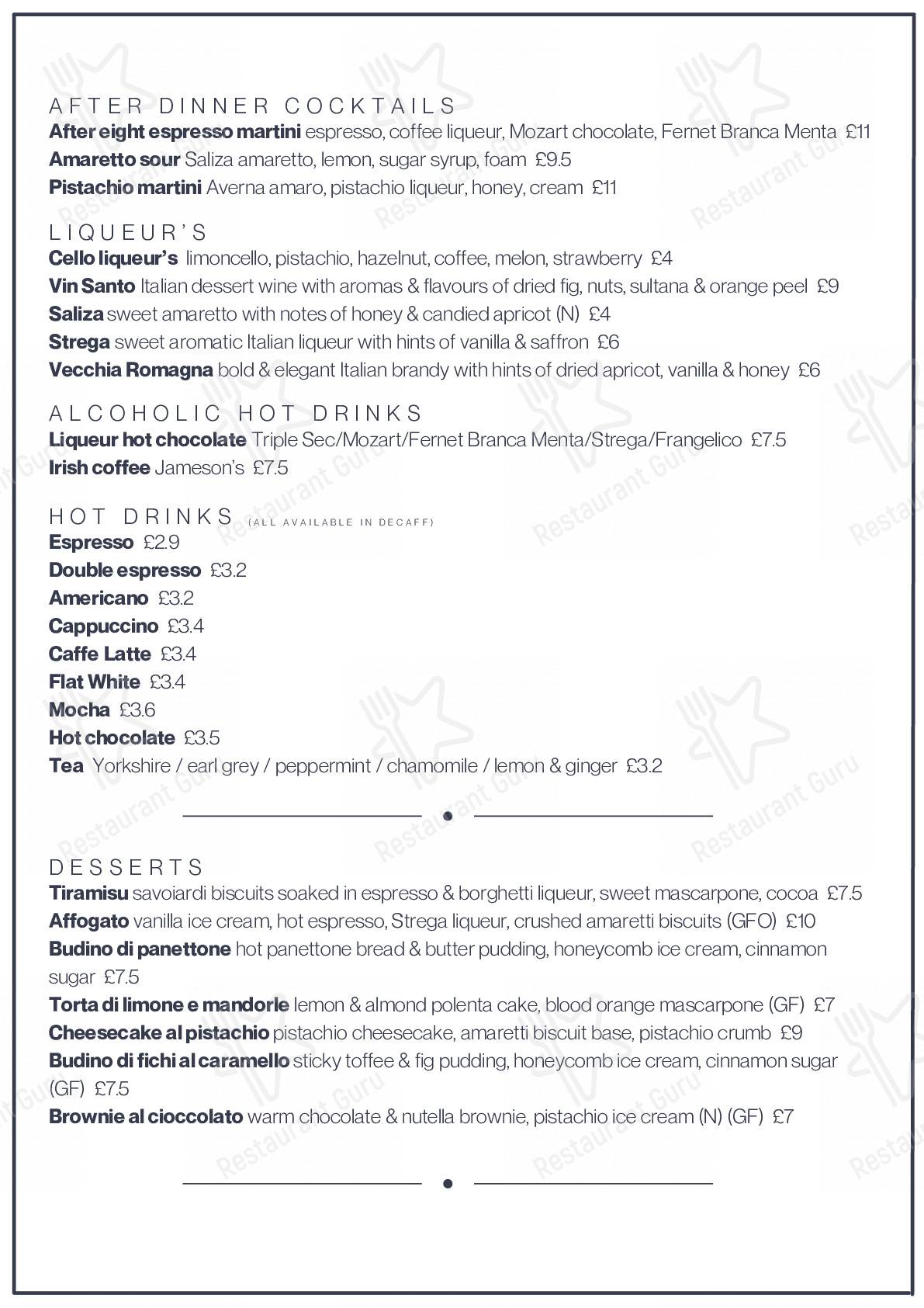 Menu at Pranzo Italian Harrogate restaurant, Harrogate
