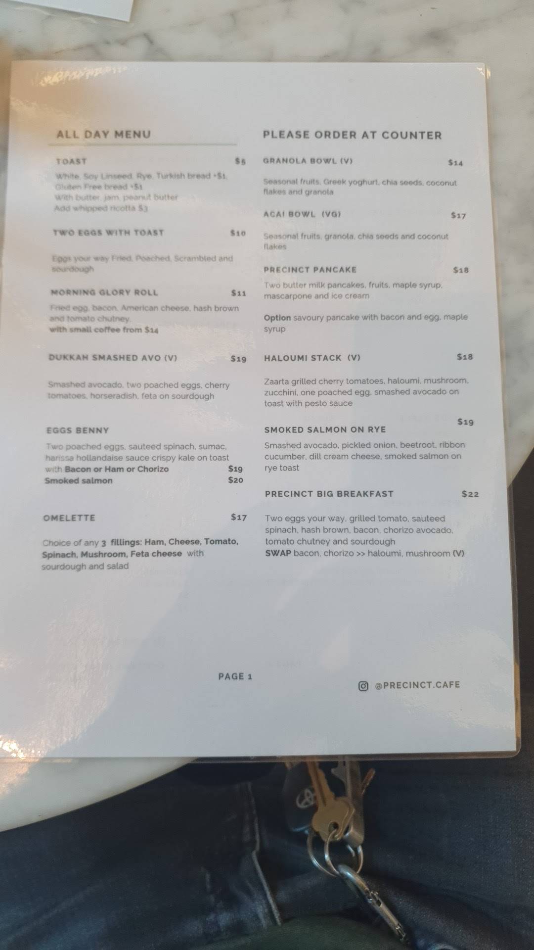 Menu at Precinct Cafe, Bondi Junction