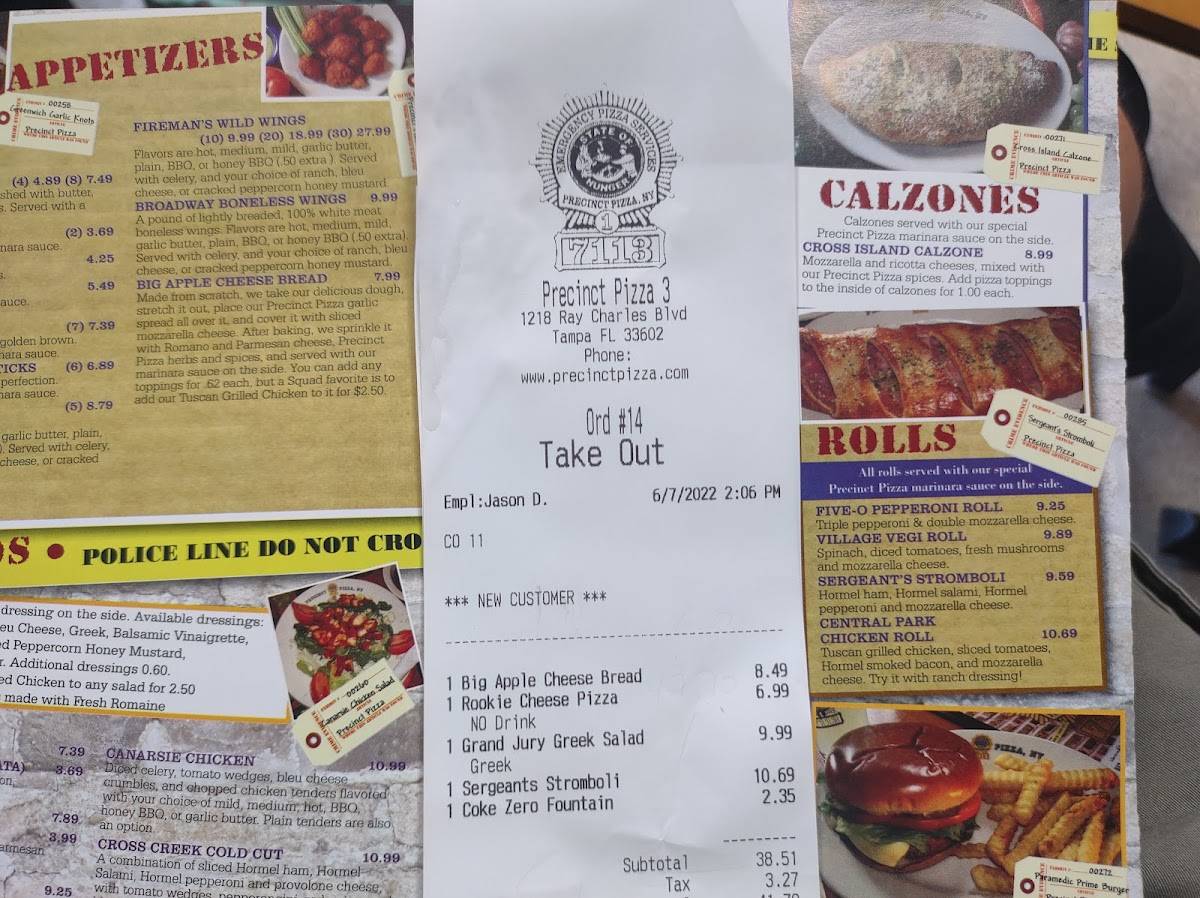 Menu at Precinct Pizza restaurant, Tampa, Ray Charles Blvd
