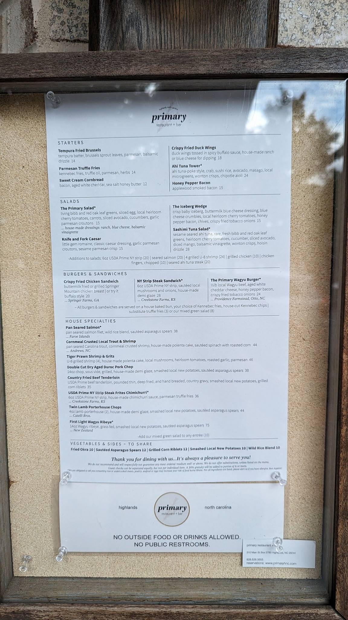 Menu at Primary Restaurant & Bar, Highlands