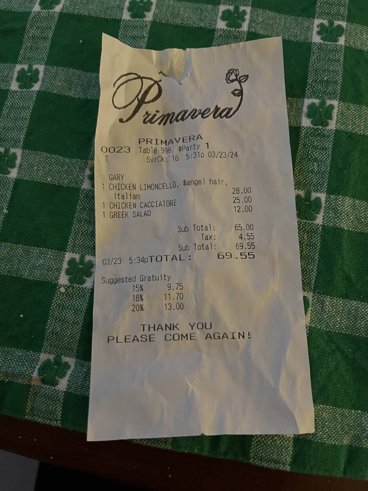 Menu at Primavera restaurant, Millis