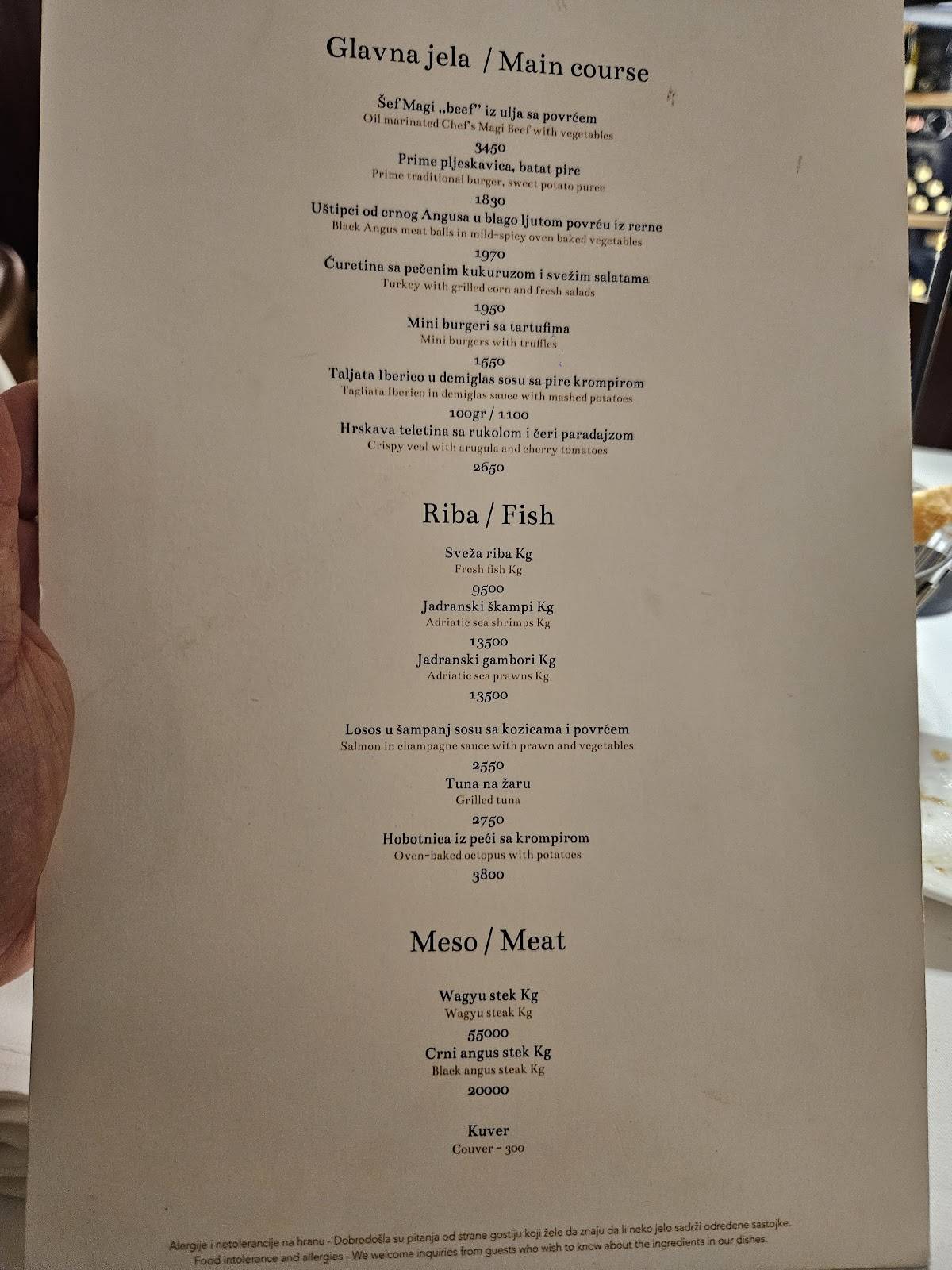 Menu at Prime Restaurant, Belgrade, Vladimira Popovića 10