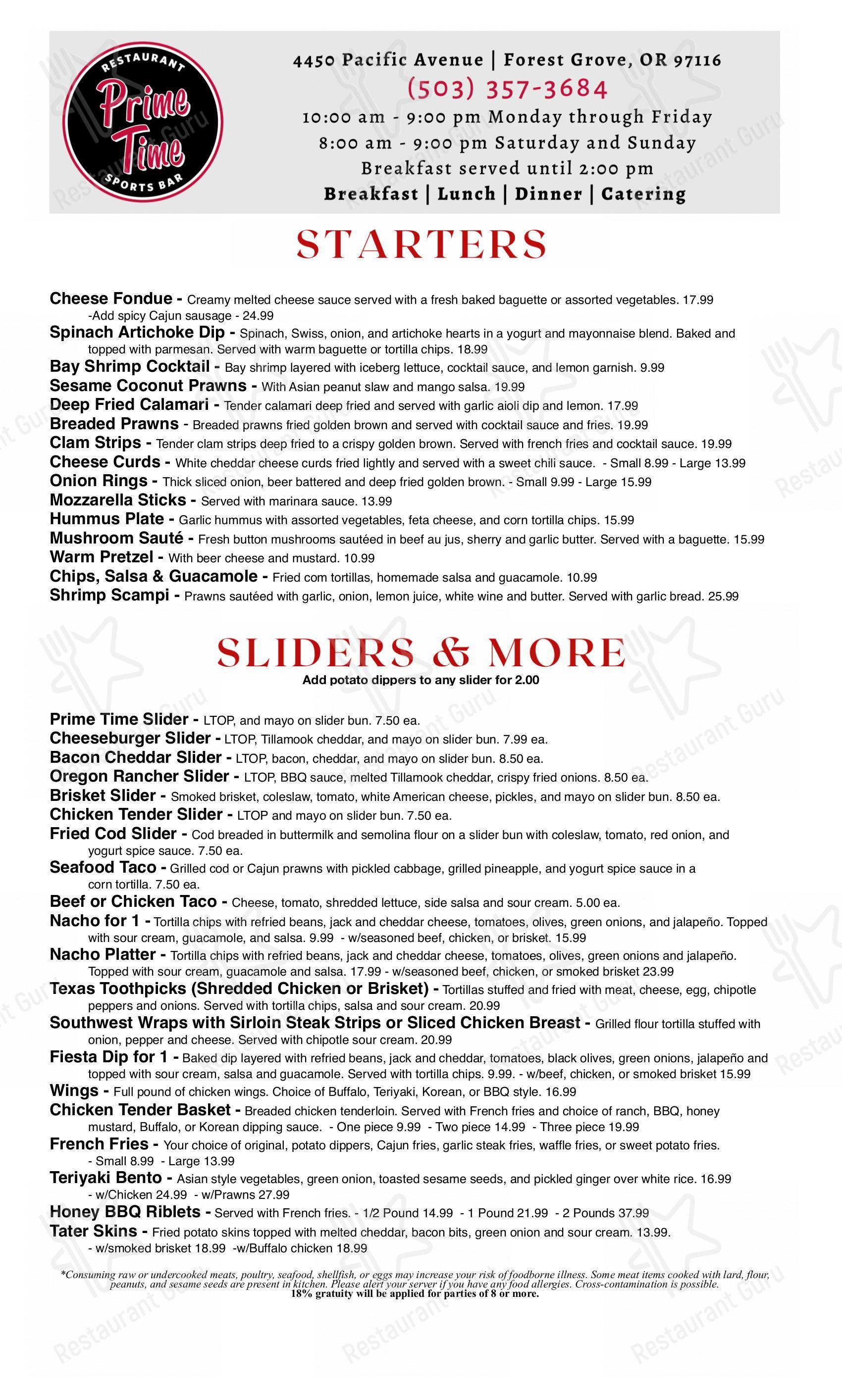 Menu at Prime Time Restaurant & Sports Bar, Forest Grove
