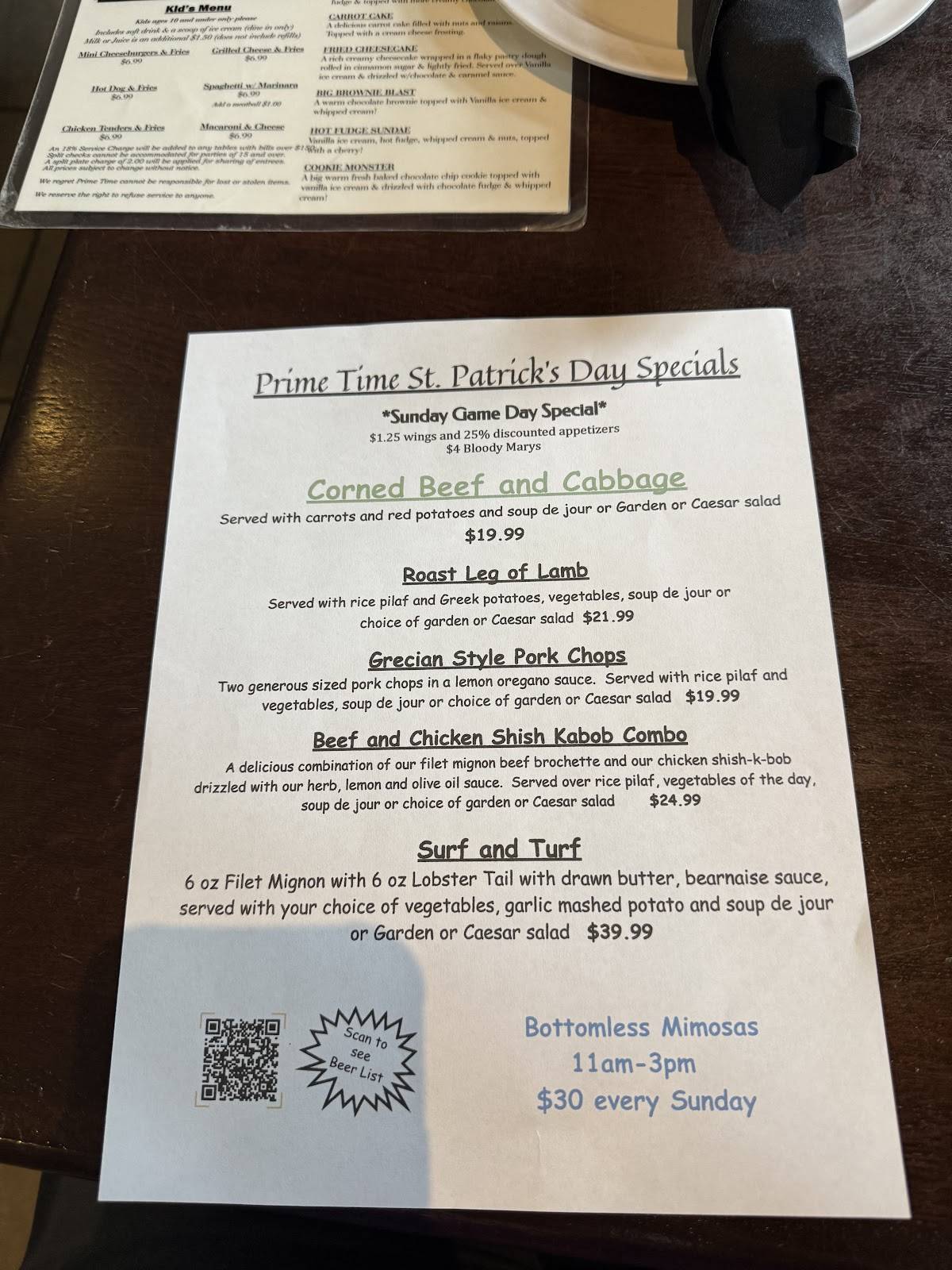 Menu at Prime Time Restaurant, Hickory Hills