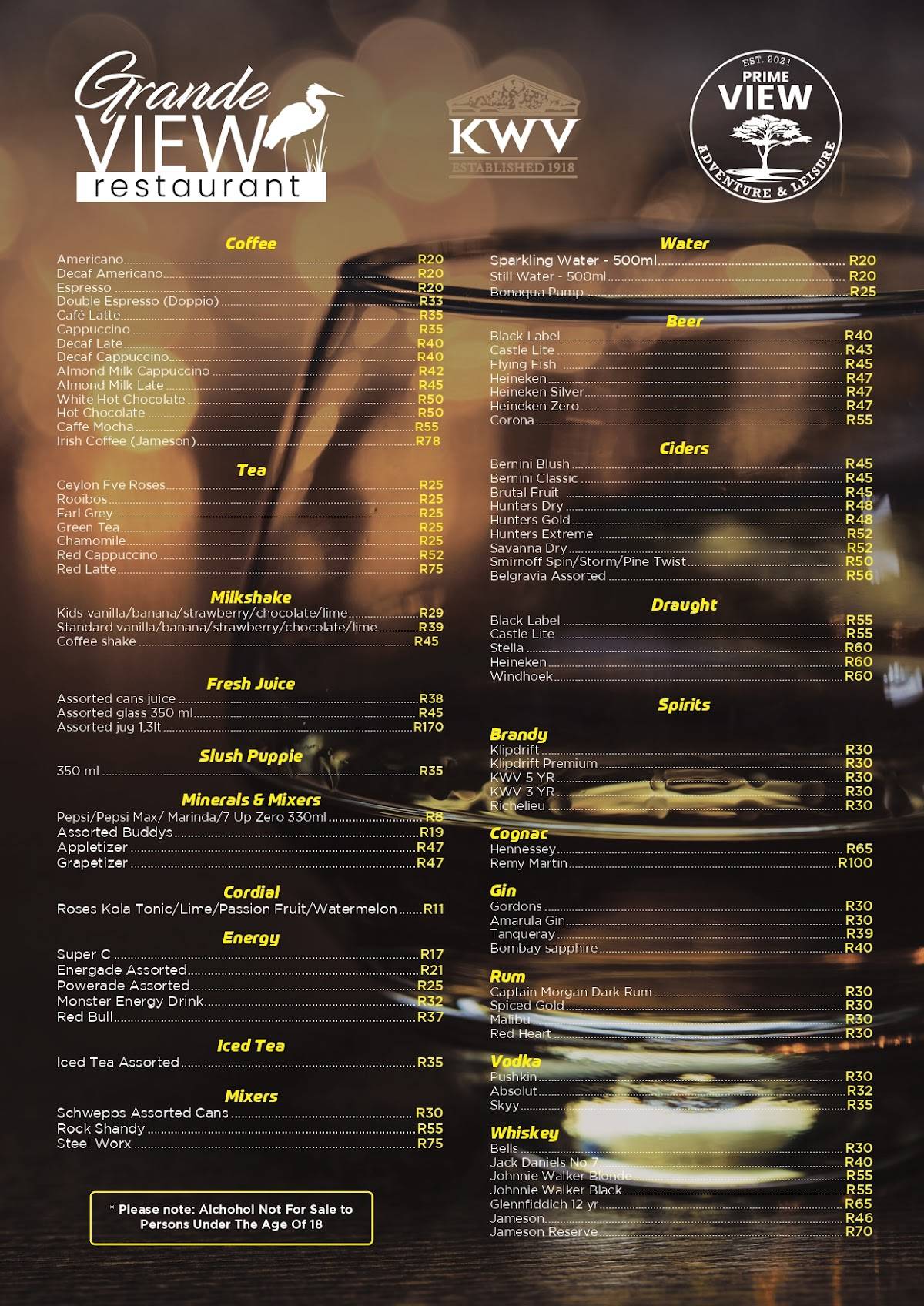 Menu at Prime View Adventure & Leisure restaurant, Olifantsfontein